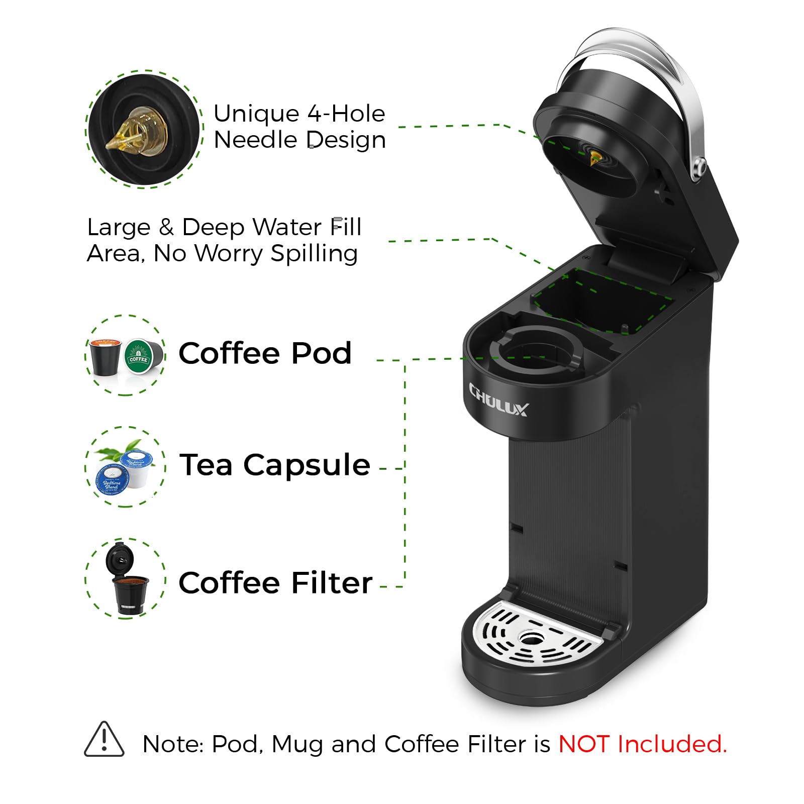 CHULUX Slim Single Serve Coffee Maker for K Cup Pods & Ground Coffee, One Cup Coffee Maker Fits 7.3" Travel Mugs, Coffee Machine with 6 to 12oz Brew Sizes