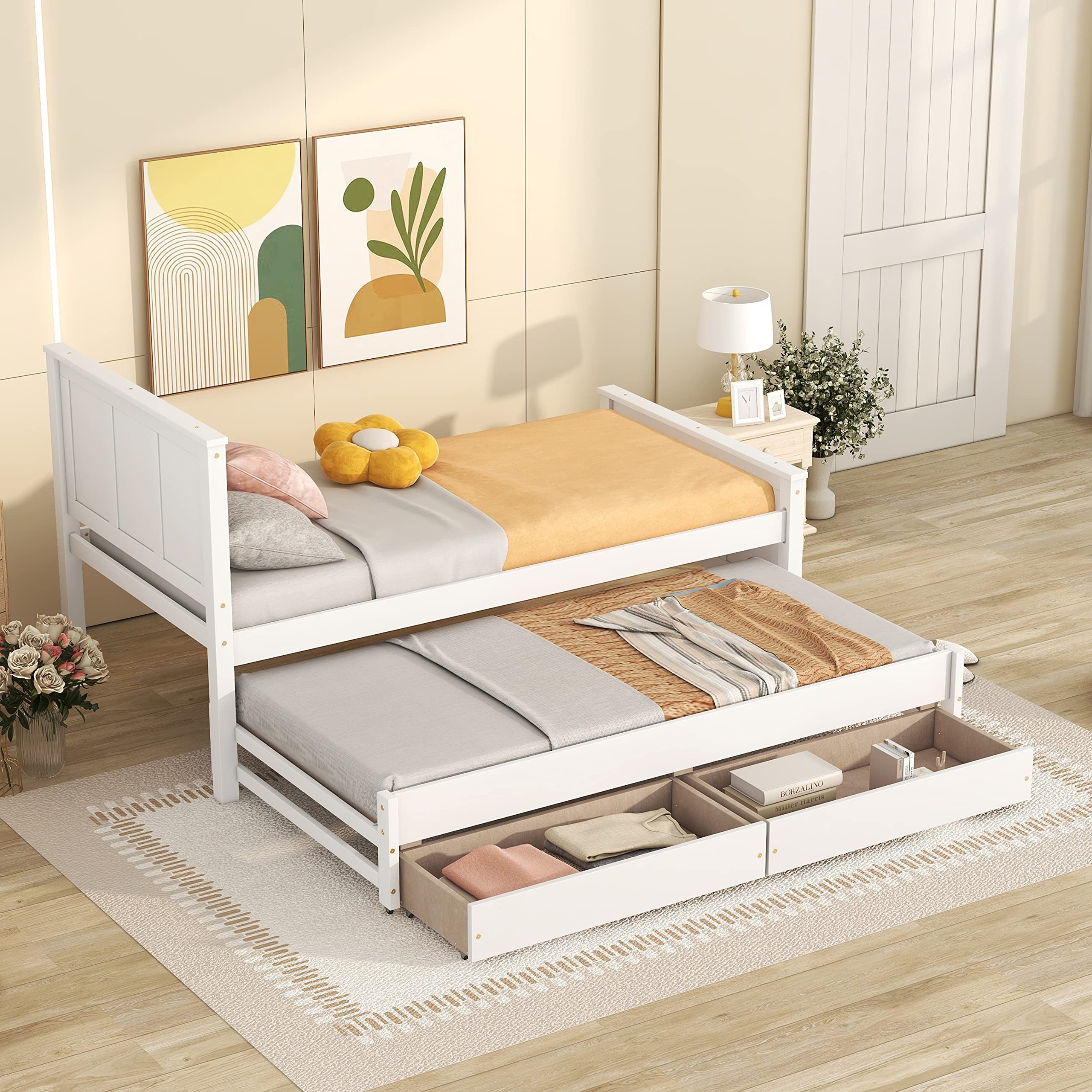 CITYLIGHT Twin Bed with Trundle and Storage, Wood Twin Size Platform Bed Frame with Trundle and Drawers, Space-Saving Twin Size Bed for Kids, Boys, Girls (Twin,White)