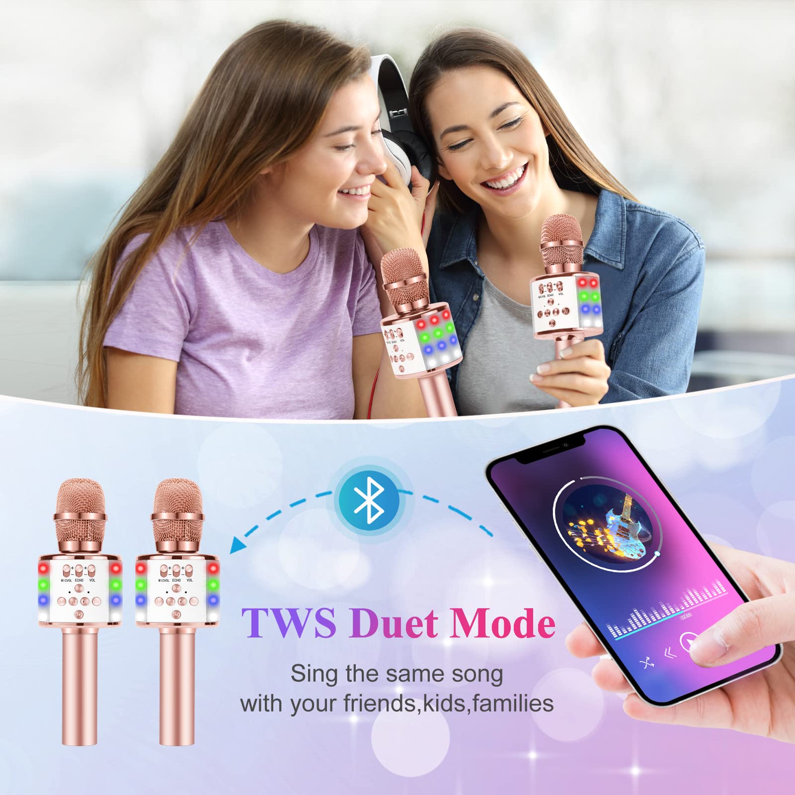 Anitiate Singing Karaoke Microphone for Kids Adults, Handheld Wireless Bluetooth Kids Microphone with LED Lights Portable Karaoke Mic Speaker Player Recorder Machine for Birthday Home Party