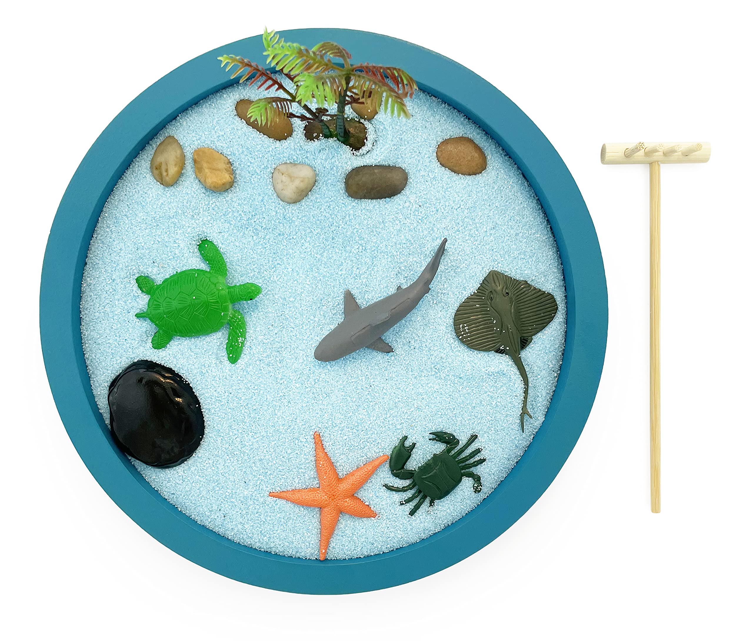 Japanese Zen Garden Mini Kit for Desk - Ocean Beach Theme - Relaxation, Meditation & Mindfulness - Gift for Birthdays, Christmas, Etc. - Includes Rake, Sand, 10+ Accessories! - Tray Diameter 8.5"