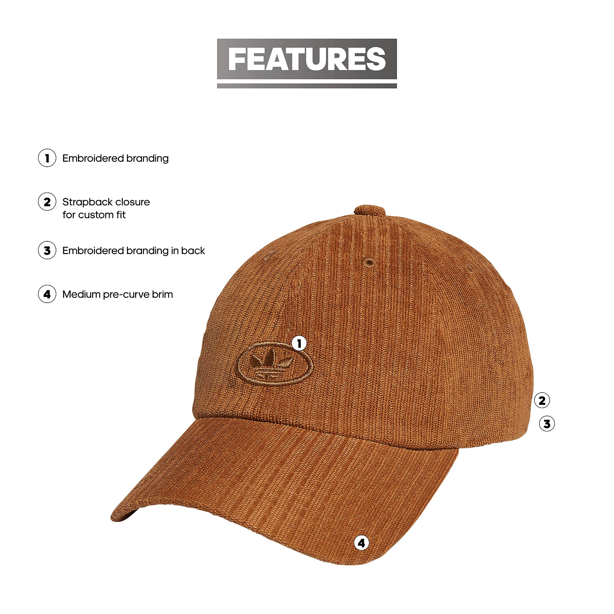 adidas Originals Men's Sport Cord Relaxed Medium Pre-Curve Brim Adjustable Fit Hat, Mesa Brown/Mesa Brown, One Size
