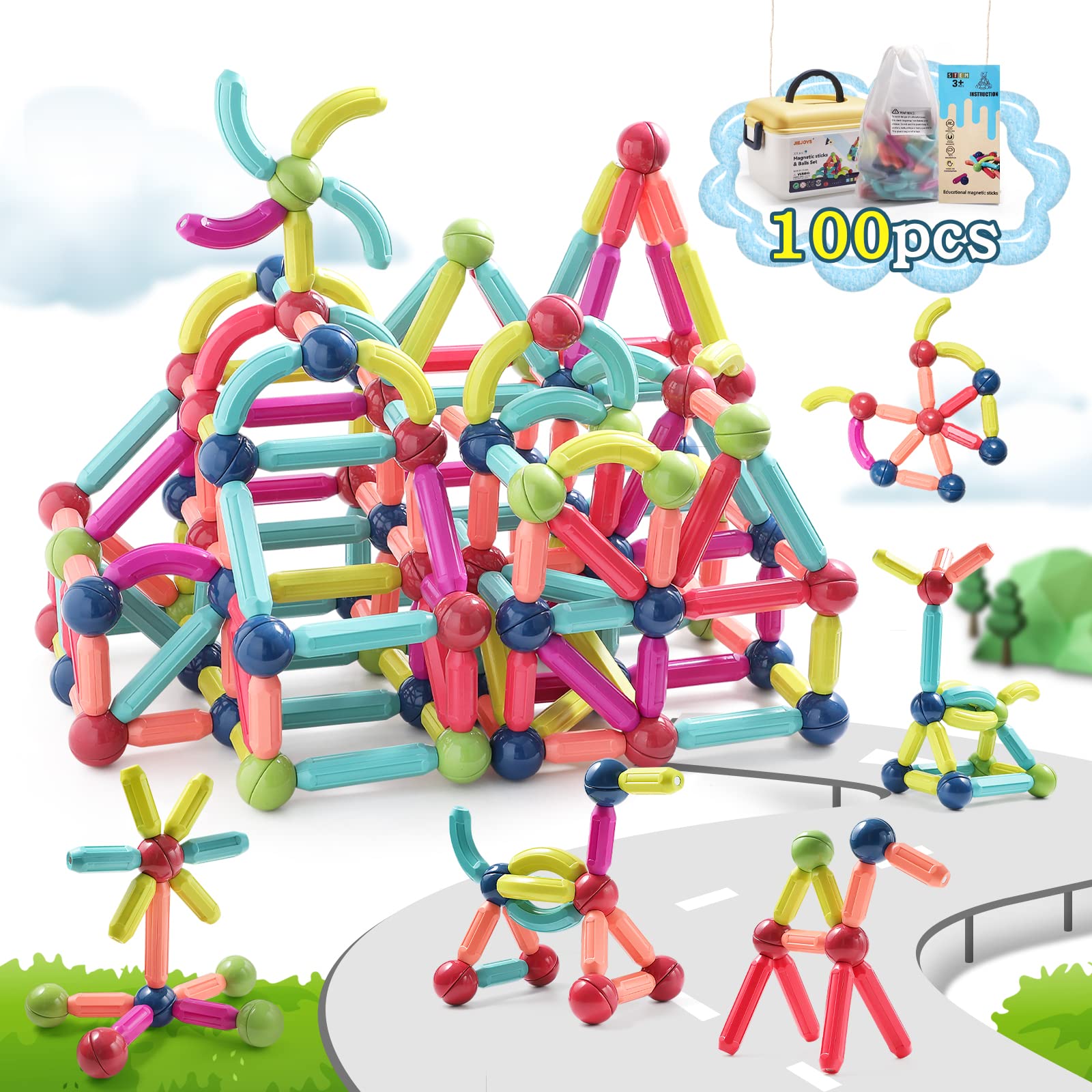 JIEJOYS Magnetic Balls and Rods Set, 100PCS Magnetic Building Sticks Blocks Toys, Educational Stacking STEM Magnet Toys Gift for Kids and Toddler Age 3 and Up.