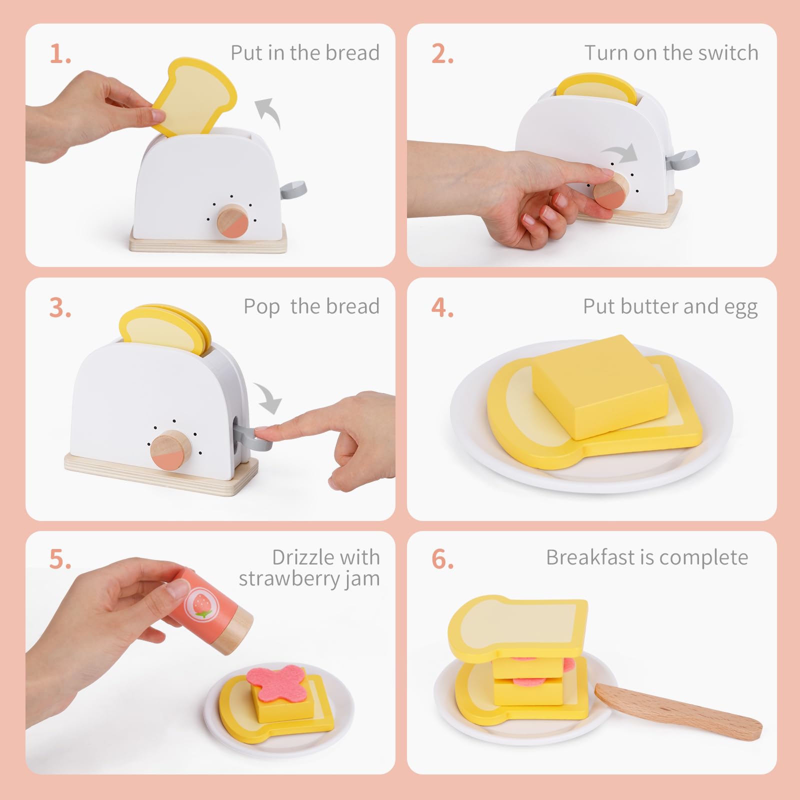 TOOKYLAND Wooden Pop Up Toaster Play Set, Play Toaster for Kid Kitchen, Wooden Play Kitchen Set with Accessories (10 pcs)β¦