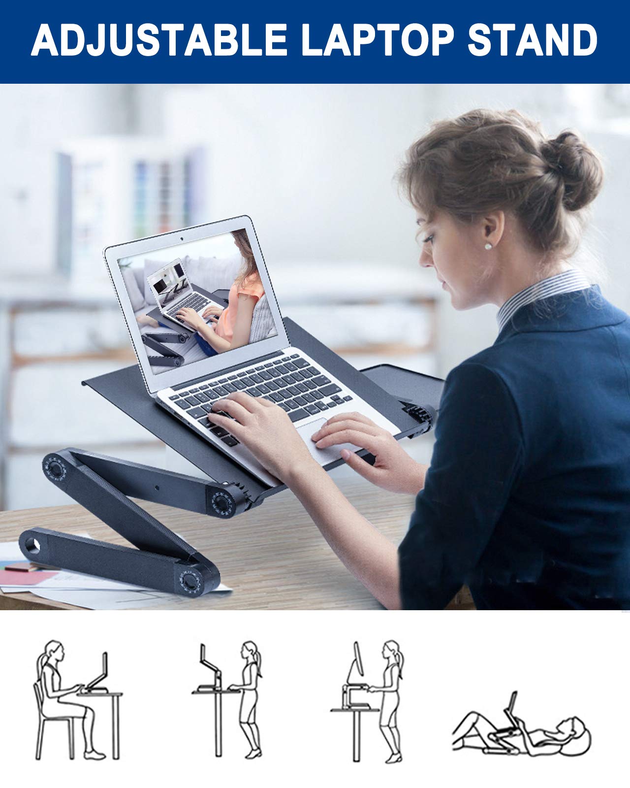 Adjustable Laptop Stand, RAINBEAN Laptop Desk with 2 CPU Cooling USB Fans for Bed Aluminum Lap Workstation Desk with Mouse Pad, Foldable Cook Book Stand Notebook Holder Sofa, Bed Table Office Tray