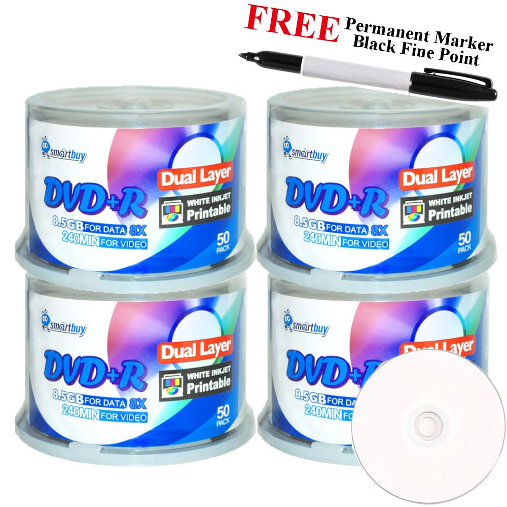 Smartbuy 200-disc 8.5GB/240min 8X DVD+R DL White Inkjet Hub Printable Blank Media Disc + Black Permanent Marker