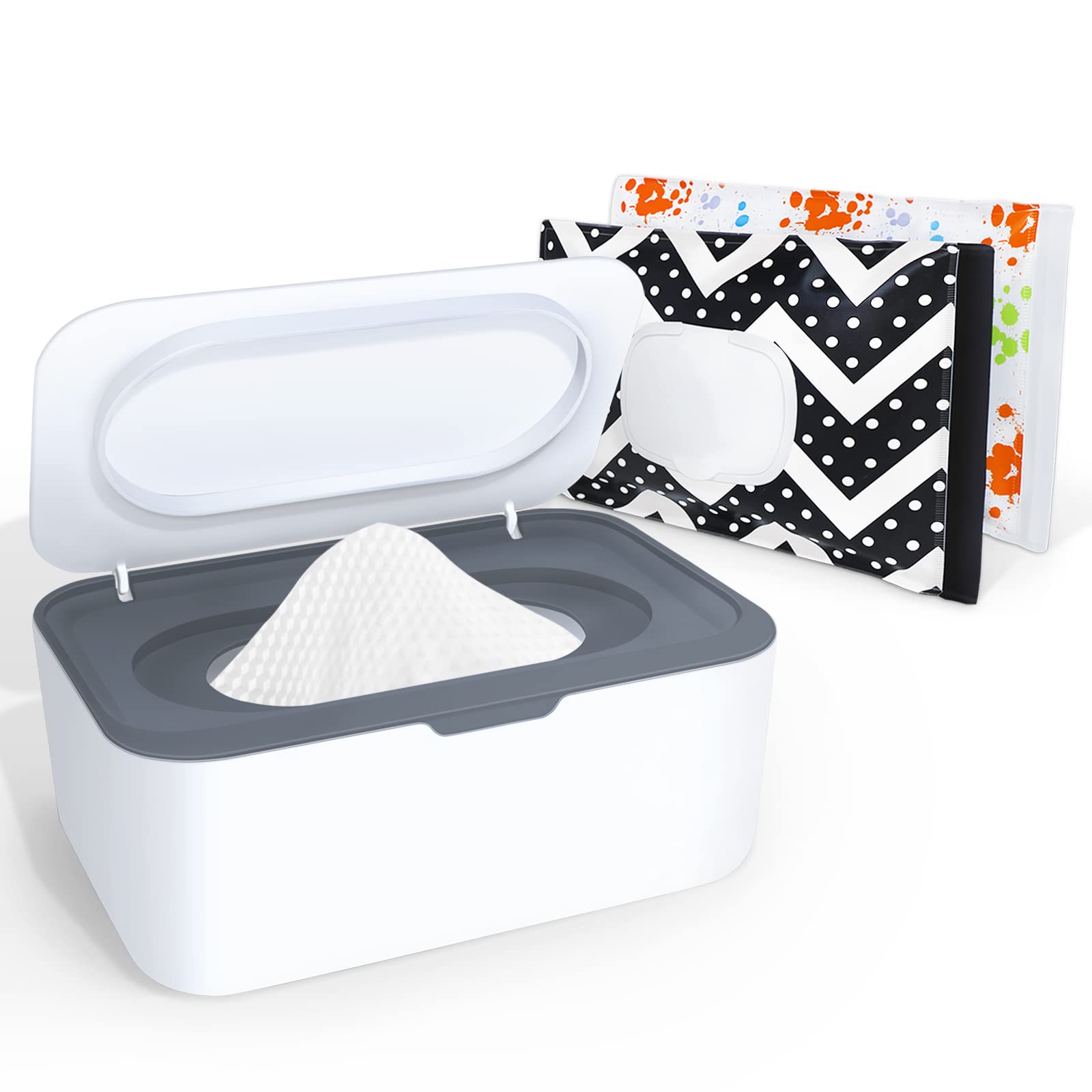 Baby Wipes Dispenser, Wipe Holder with 2 Pcs Portable Travel Wipes Container, Refillable Diaper Wipes Pouch with Lids and Sealing Design, Flushable Bathroom Storage Case Box