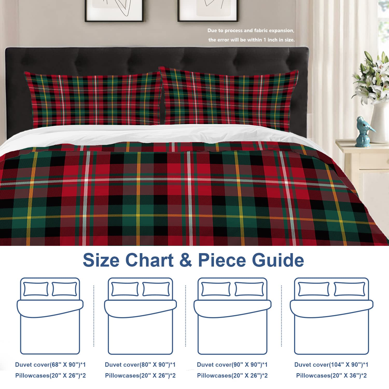Batmerry Christmas Plaid Tartan Queen Size 3 Pieces Bedding Comforter Cover Sets,Soft Fluffy Red Abstract Black Fashion Geometric Pattern Printed Duvet Cover for All Season