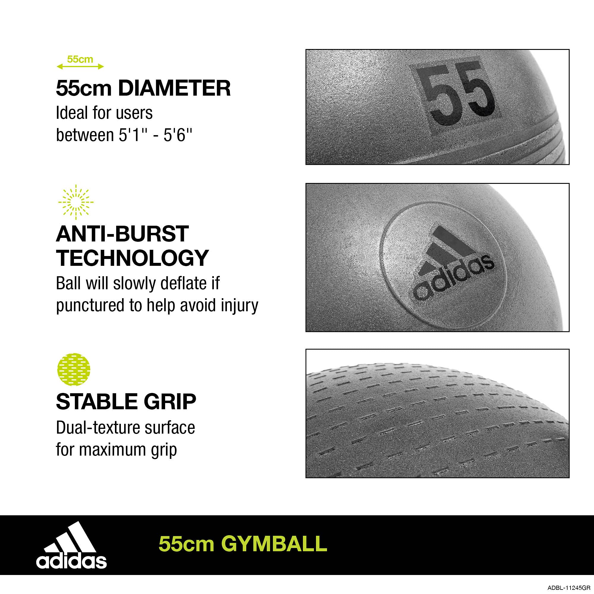 adidas Gymball - 65cm Exercise Ball with Dual Textured Non-Slip Surface for Maximum Grip - for Core Workout, Improving Stability, and Posture at Home or The Gym - Hand Pump Included - Grey