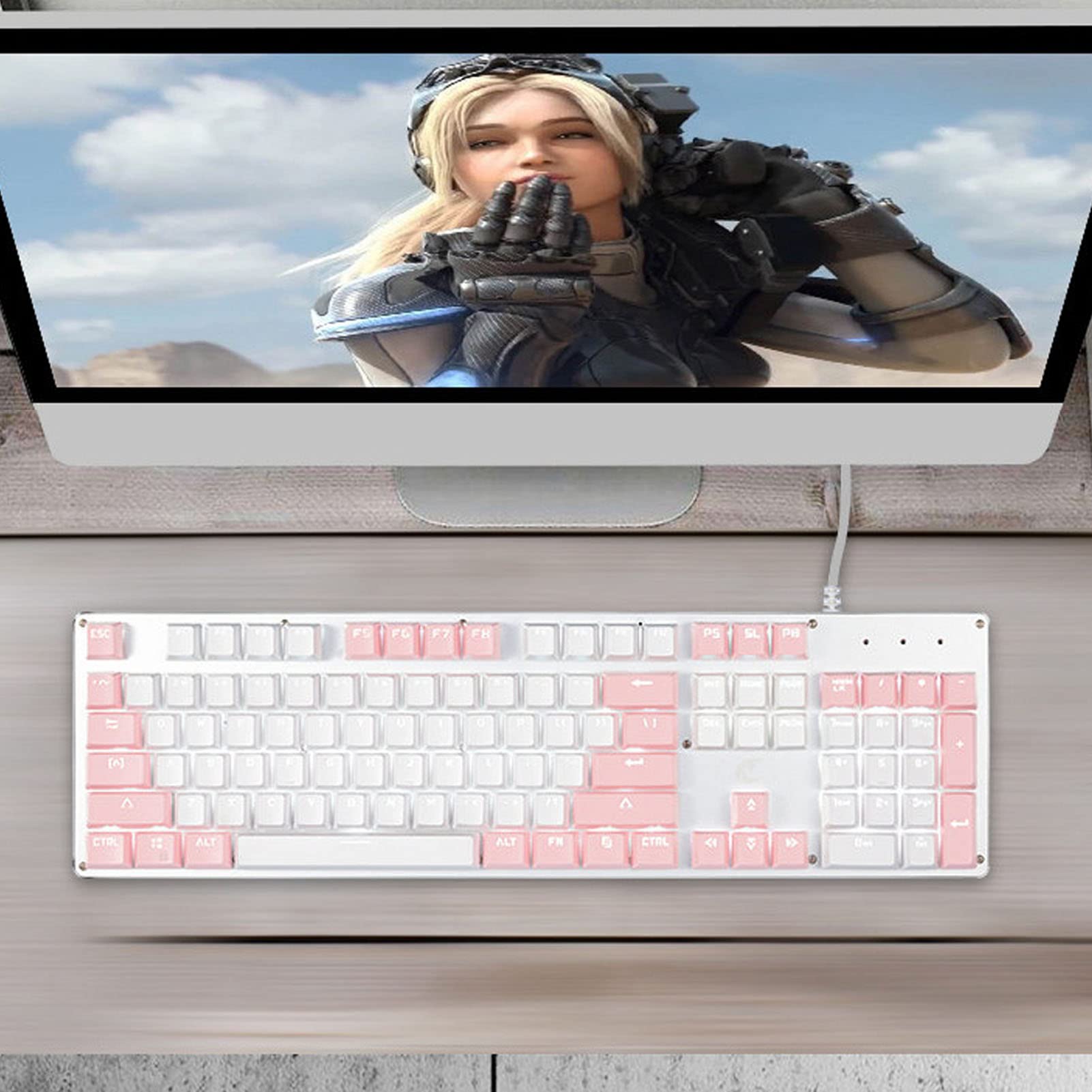 Blue Switch Mechanical Gaming Keyboard, Mechanical Keyboard Ergonomic Scratch Resistant 104 Key High Sensitivity for Home for Office (White Pink)