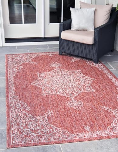 Unique Loom Outdoor Traditional Collection Area Rug - Antique (7' 10" x 10' Rectangle Rust Red/Ivory)
