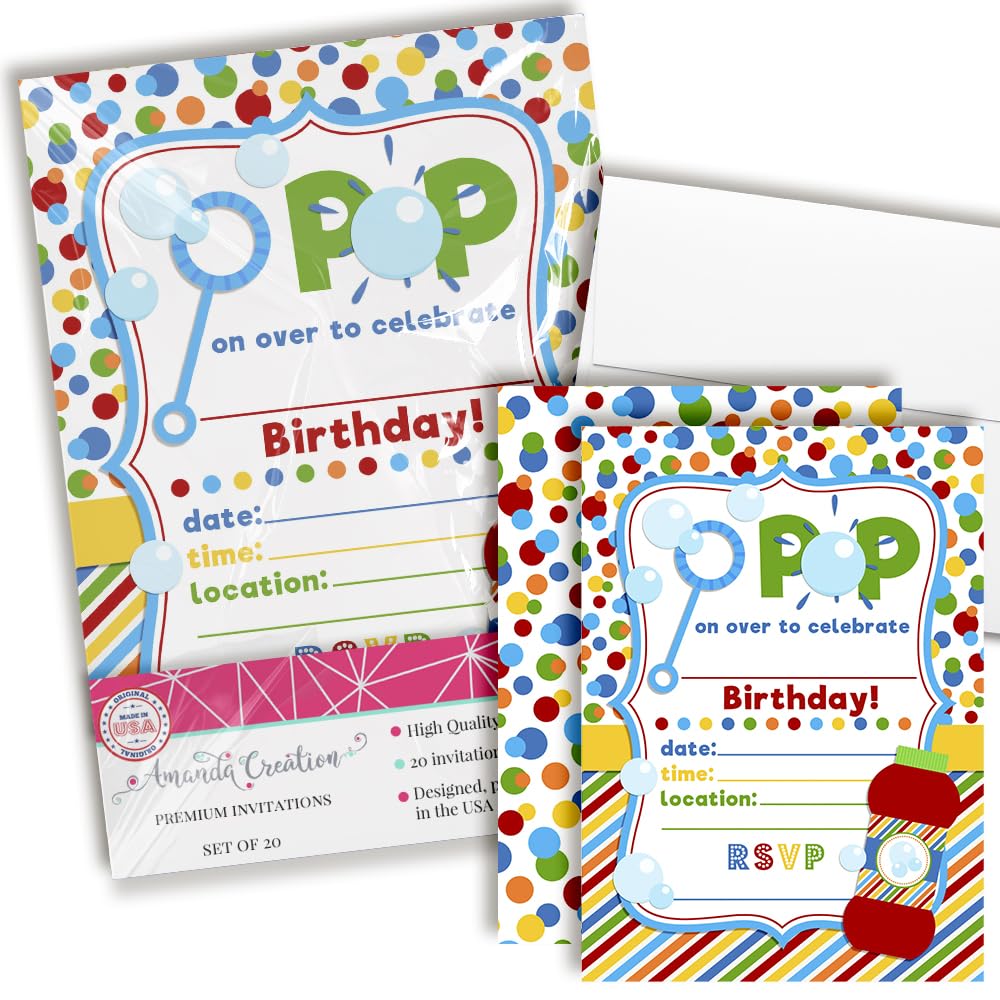 Bubble Birthday Party Invitations, 20 5x7 Fill In Cards with Twenty White Envelopes by AmandaCreationā¦