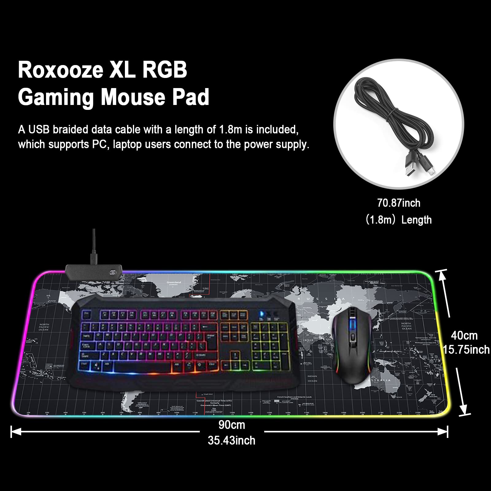 Roxooze Gaming Mouse Pad,Extra Large RGB Mouse Pad with Non-slip Rubber Base,Extended XL Led Desk Mat Ultra Smooth Surface Waterproof for Computer Laptop Home PC Gamer 35.43 x 15.75inch(World Map)