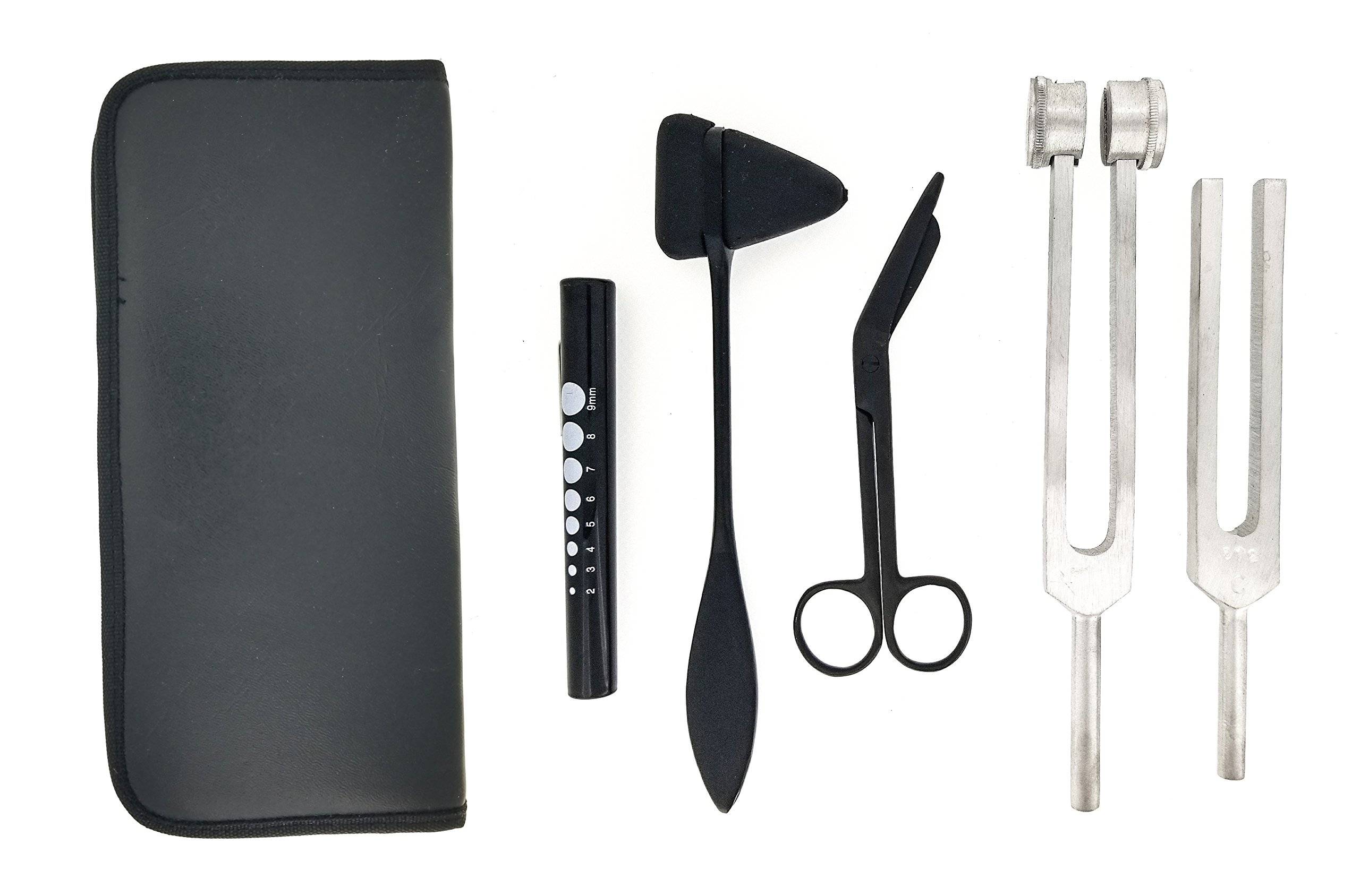 SURGICAL ONLINE Ultimate Medical Student Diagnostic Set - Premium Stethoscope & Tactical Black Set of 5 pcs Reflex Percussion Taylor Hammer + Penlight + Tuning Fork C 128 C 512 + Bandage Scissors 5.5