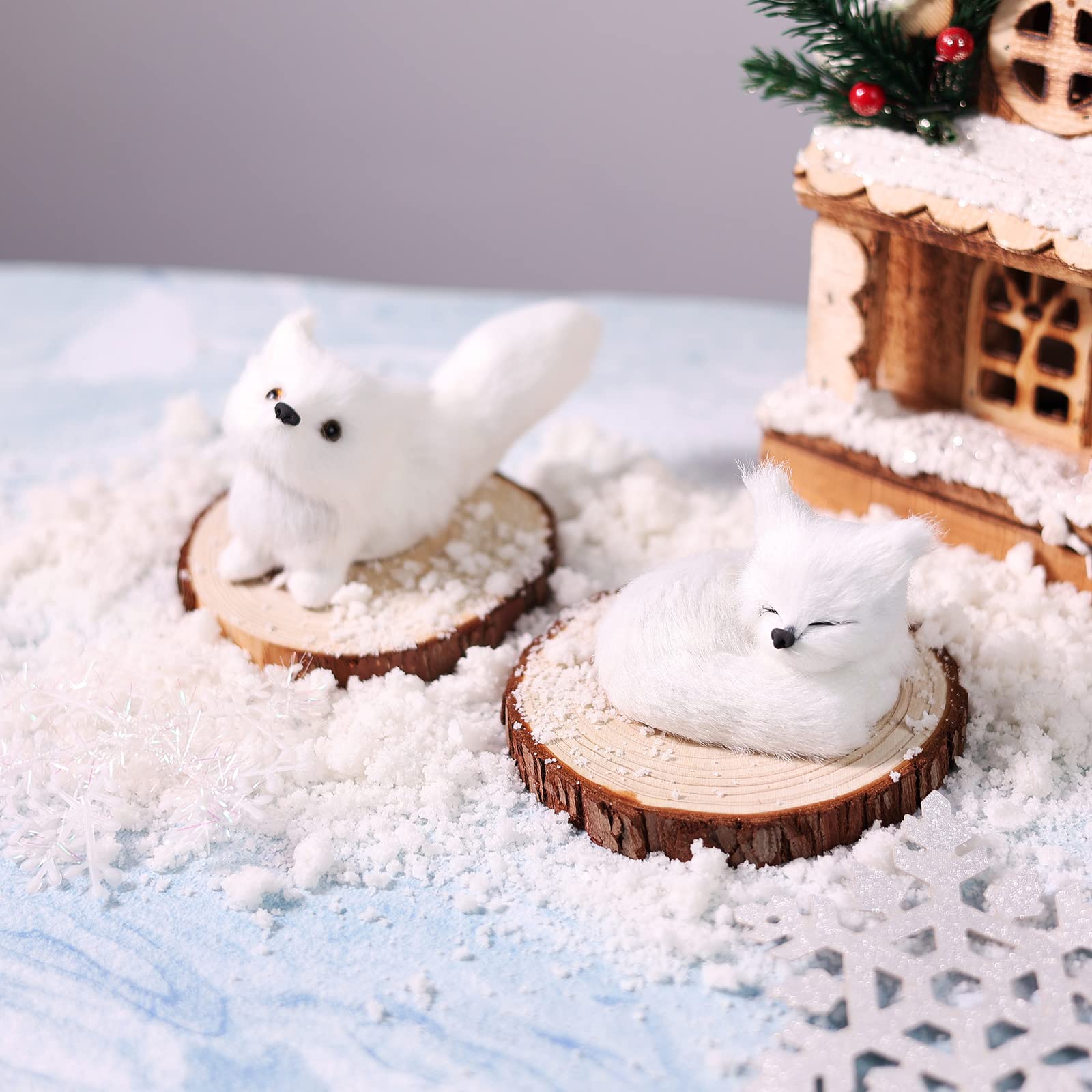 Simulation Fox Toy 2 Piece Fur Fox Model Stuffed Fox Ornament Static Action Figures Fox Squatting Sleeping Plush Mini Fox for Home Office Bag Decoration 5.5 x 2.76 Inch, 3.15 x 2.36 Inch (White)