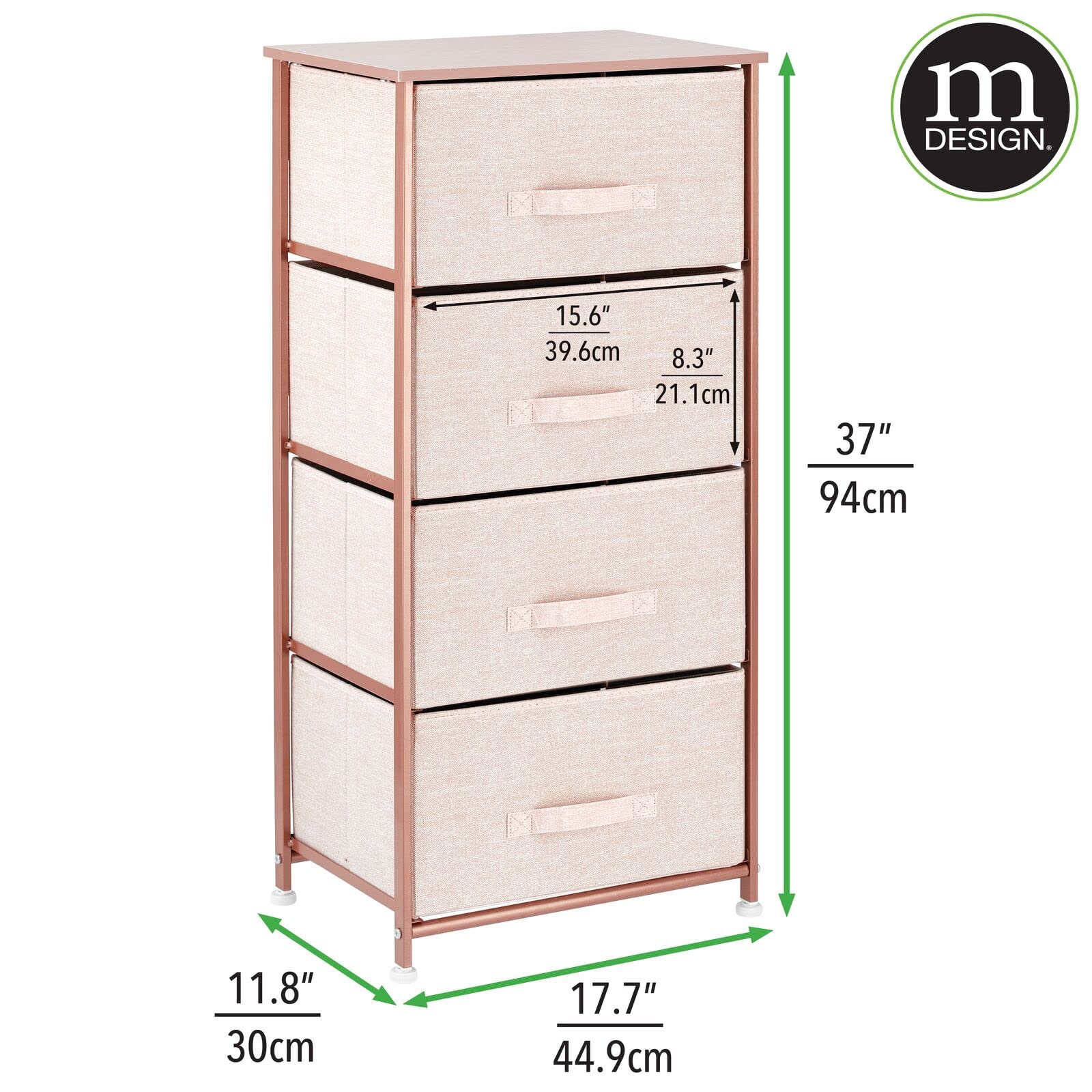 mDesign Tall Dresser Storage Tower Stand with 4 Removable Fabric Drawers - Steel Frame, Wood Top Organizer for Bedroom, Entryway, Closet - Lido Collection - Light Pink/Rose Gold