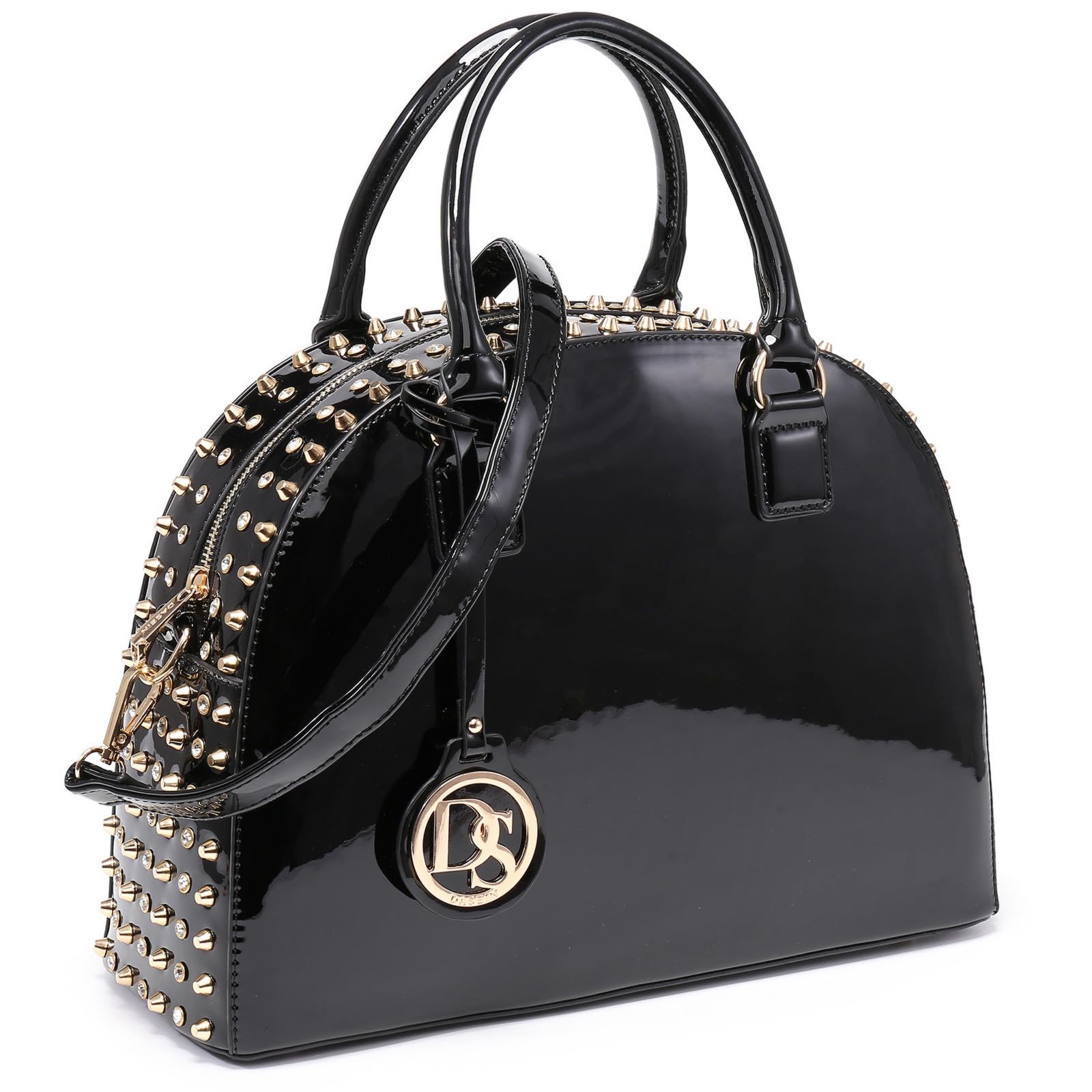 Dasein Women Patent Leather Purses Handbags Dome Satchel Purse Work Tote Structured Shoulder Bag with Long Strap (Black)