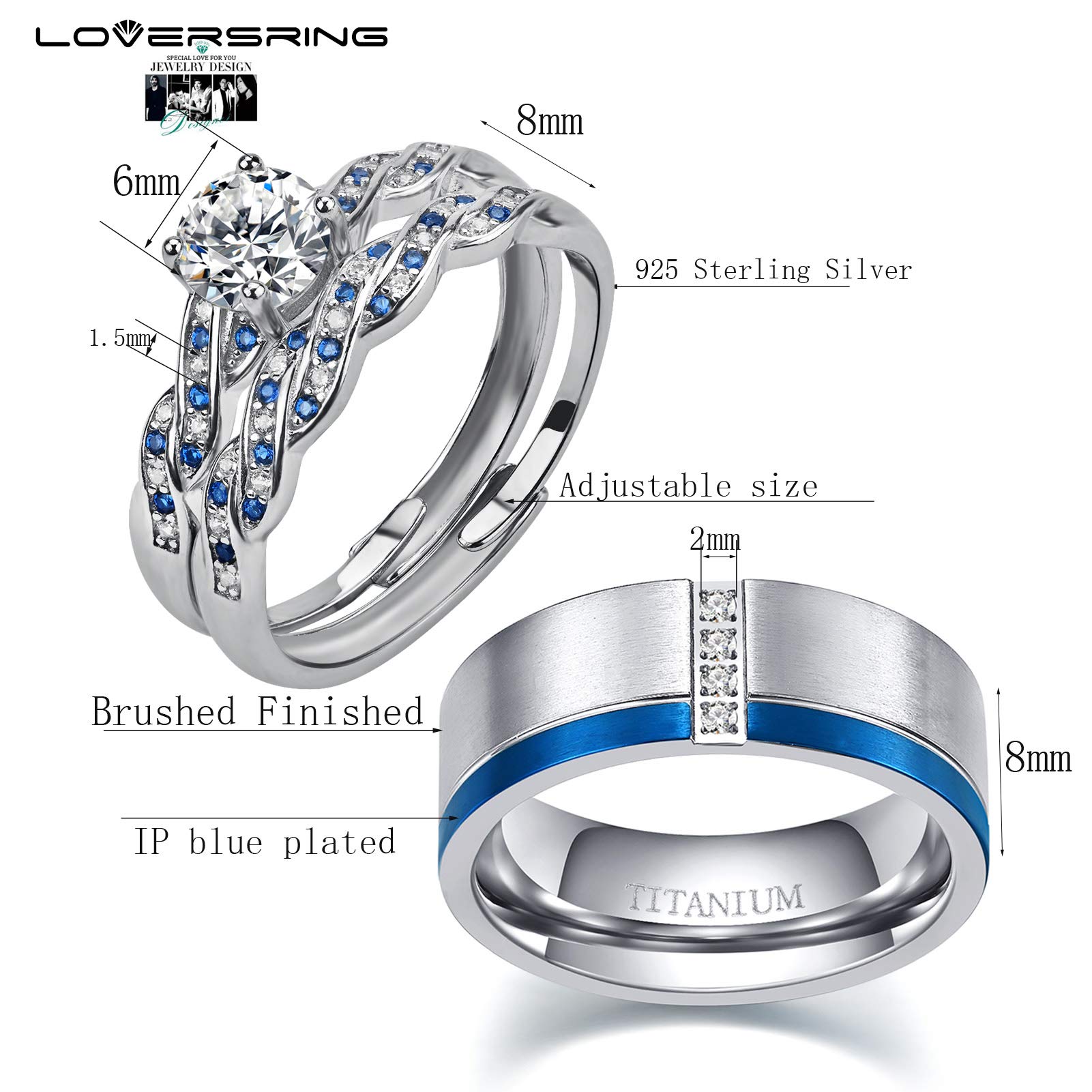 Adjustable size Wedding Ring Sets His And Hers Promise Ring Couples Bridal Sets Women 925 Sterling Silver Round Cz Man Titanium Wedding Bands