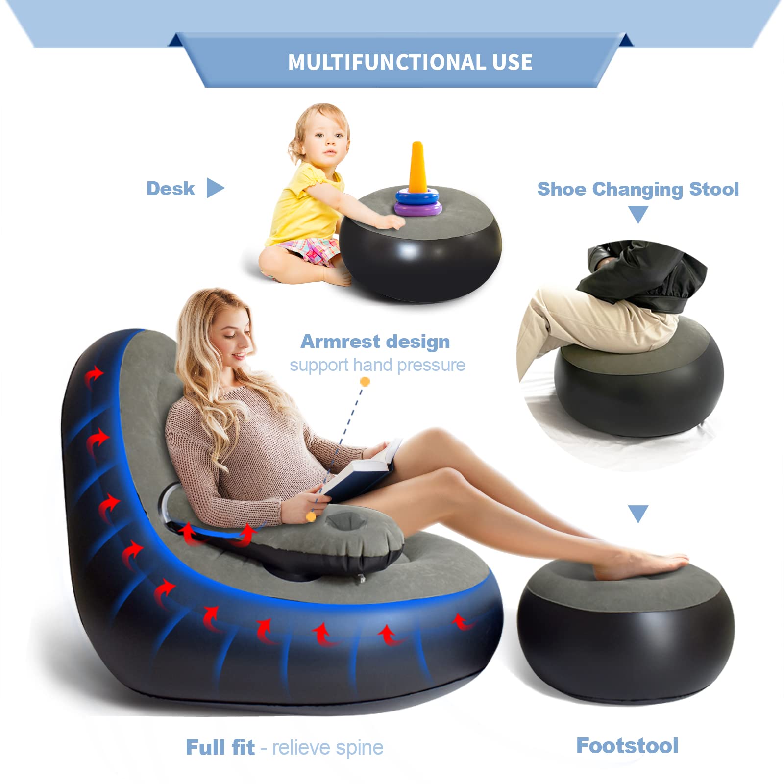 Blow Up Couch,Inflatable Chair,Inflatable Couch with Armrest,Foot Stool&Cup Holder, Portable Lazy Sofa,Inflatable Lounger with Comfy Flocked Surface for Rooms,Party,Camping,Garden,Tavel (Grey)