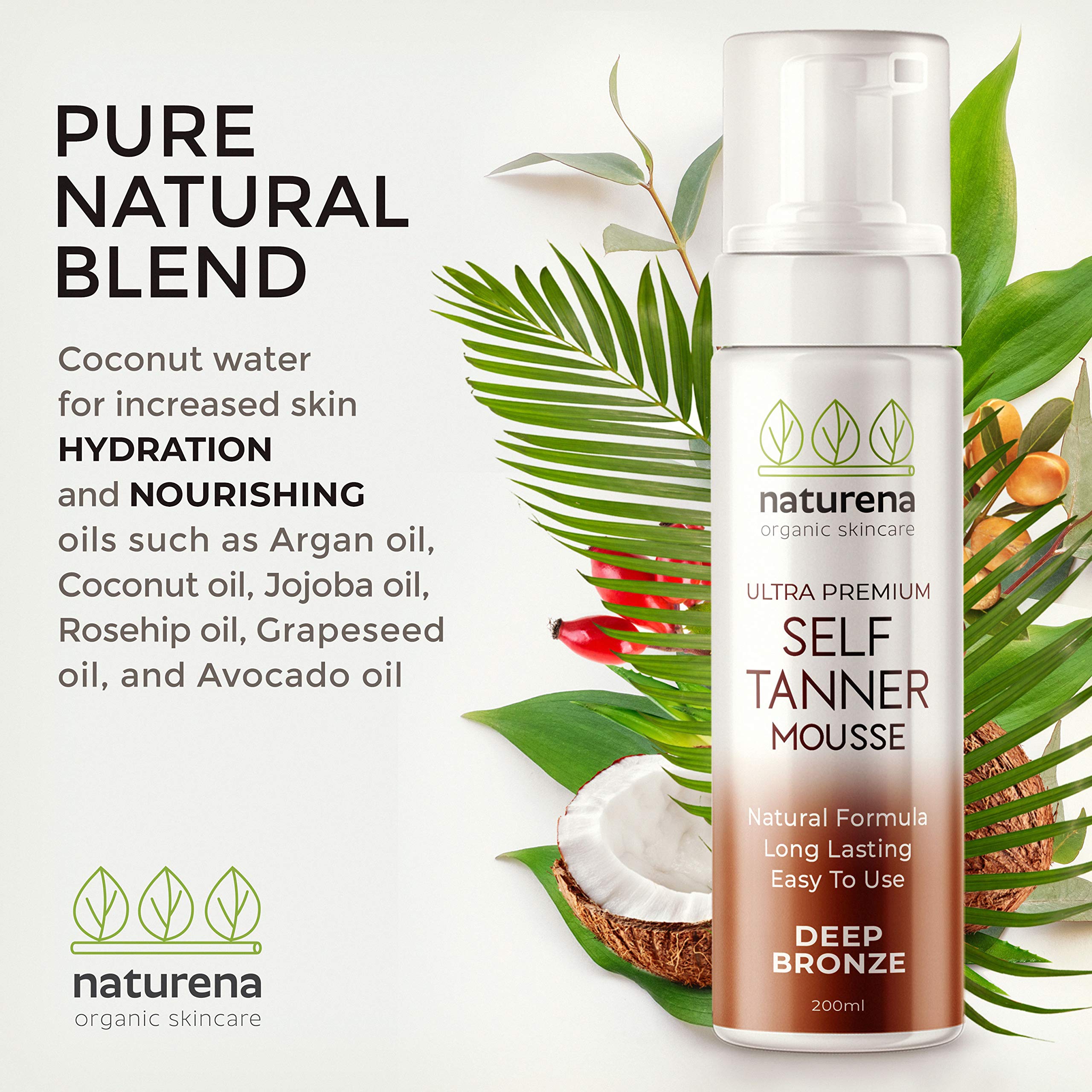 naturena Self Tanner Tanning Mousse with Organic & Natural Ingredients, Tanning Lotion, Sunless Tanning Lotion for Darker Bronzer Skin, 6.7 Fl Oz