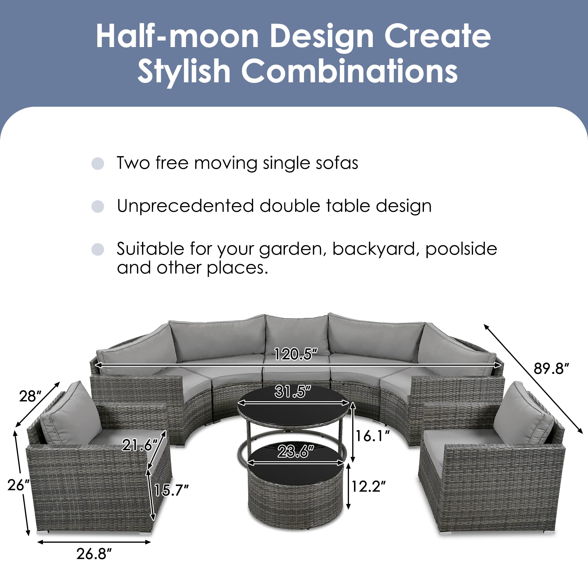 Bellemave 9-Piece Patio Sectional Set Half-Moon Sofa Set Gray Wicker Curved Outdoor Sofa with Gray Cushions & Nesting Coffee Table, All-Weather PE Wicker Semi-Circular Couch
