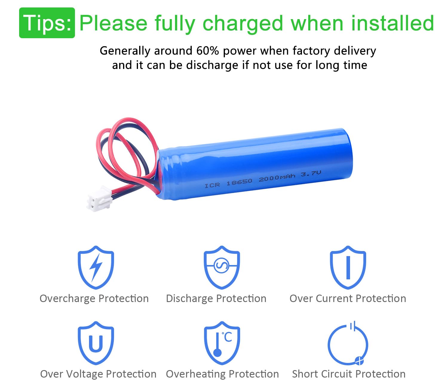 AUDEEKON 3.7Volt Lipo Battery 2000mAh Rechargeable Battery Pack with Wire and JST Connector, ICR18650 Battery 2000mah 3.7v Replacement Batteries for Electronics, Toys, Lighting, Equipment