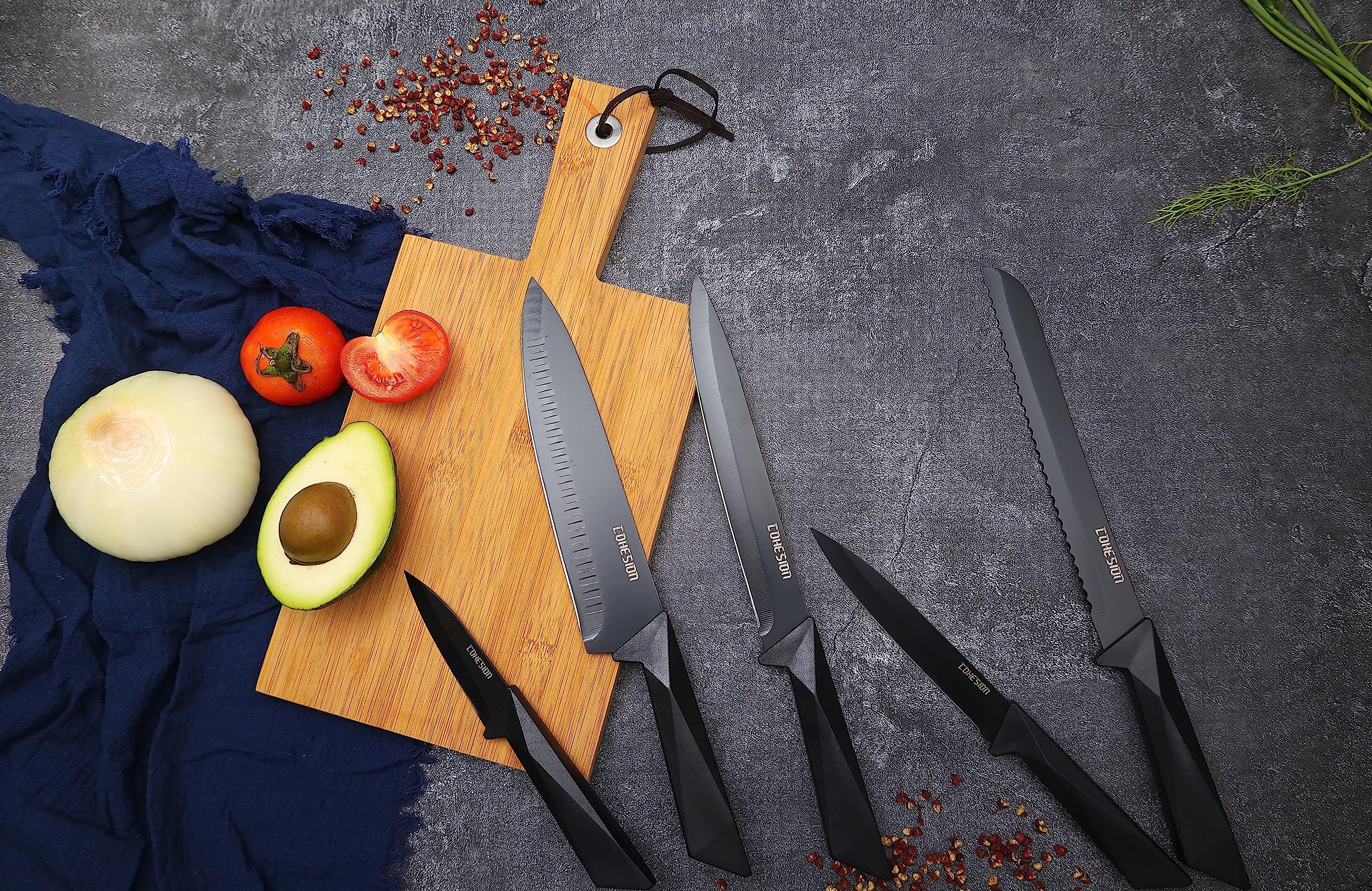 Cohesion Knife Set, 5 PCS Kitchen Knife Set with Magnetic Knife Holder for Wall, Ultra Sharp Kitchen Knives Set with Sheathes and Gift Box for Multipurpose Cooking with Ergonomic Handle