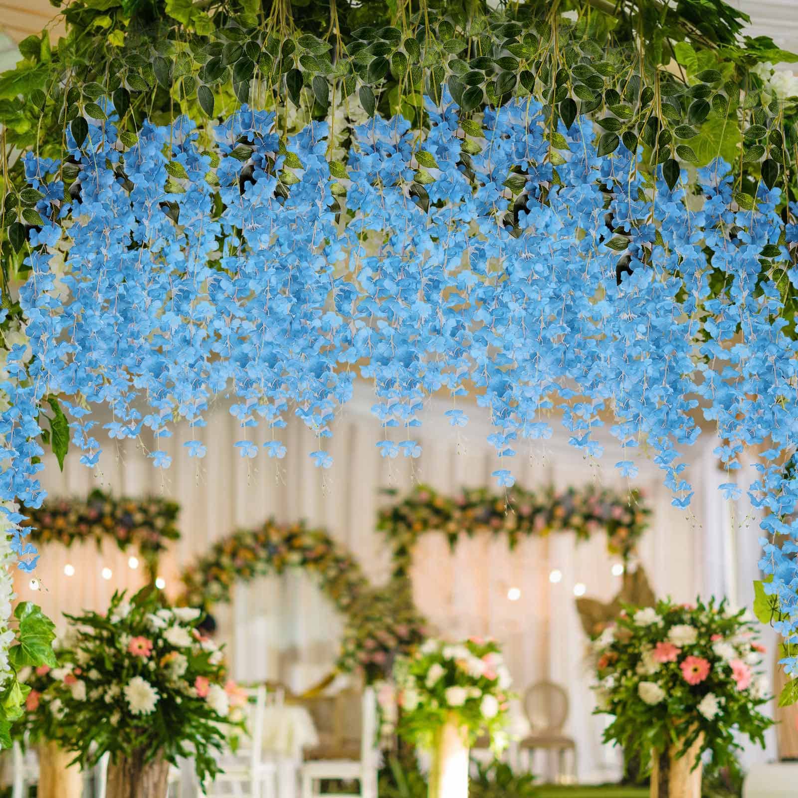 Ranslen 48 Pieces Artificial Wisteria Flower Hanging Silk Garland Vine Ratta Wedding Decor String Home Party Garden Outdoor Decoration Supplies (Blue, 48)