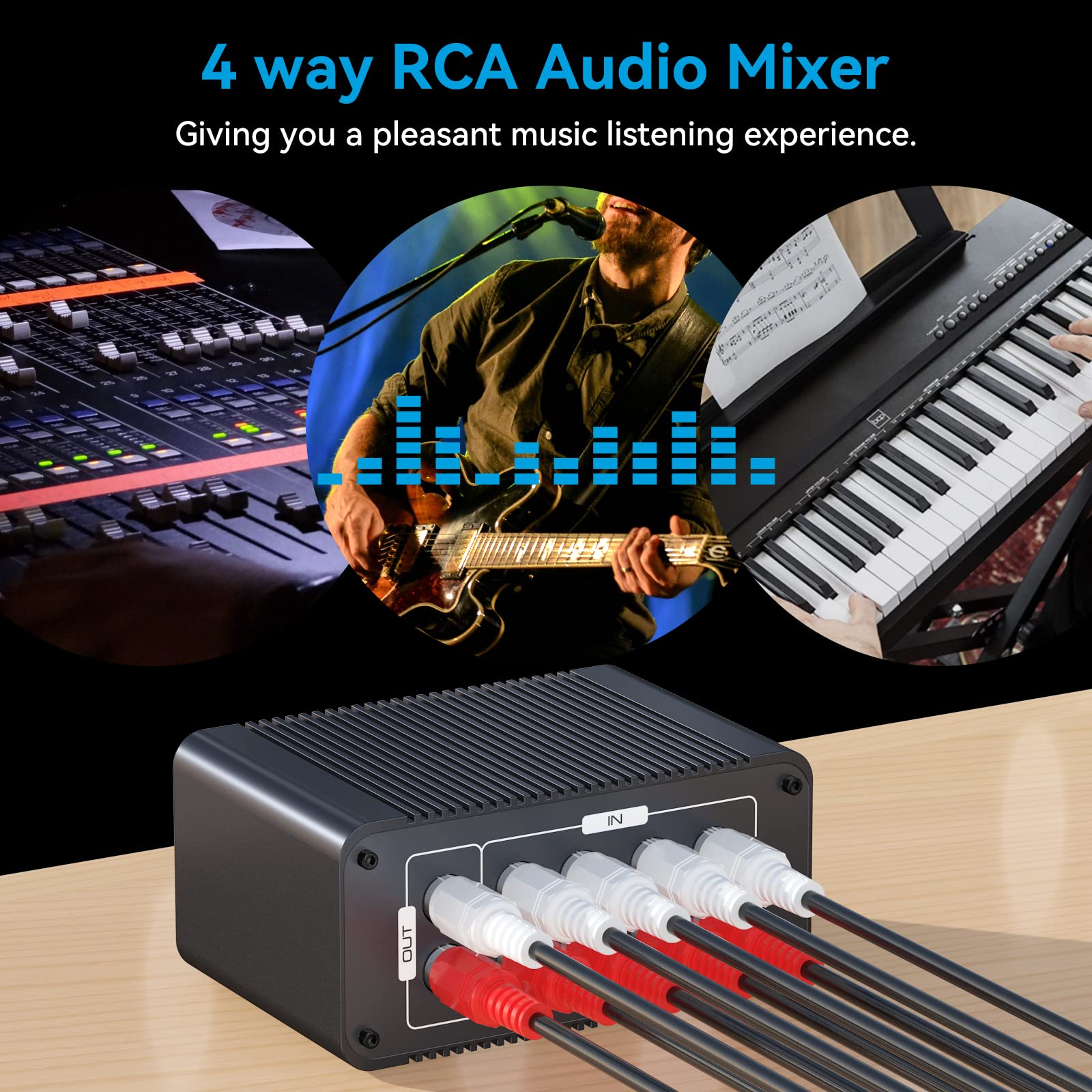 Audio Mixer Ultra Low Noise 4 Channel RCA L/R line Levels Control Box Passive Mixer RCA Inputs Output Separate Volume Controls for Small Club Bar or Recording Studio