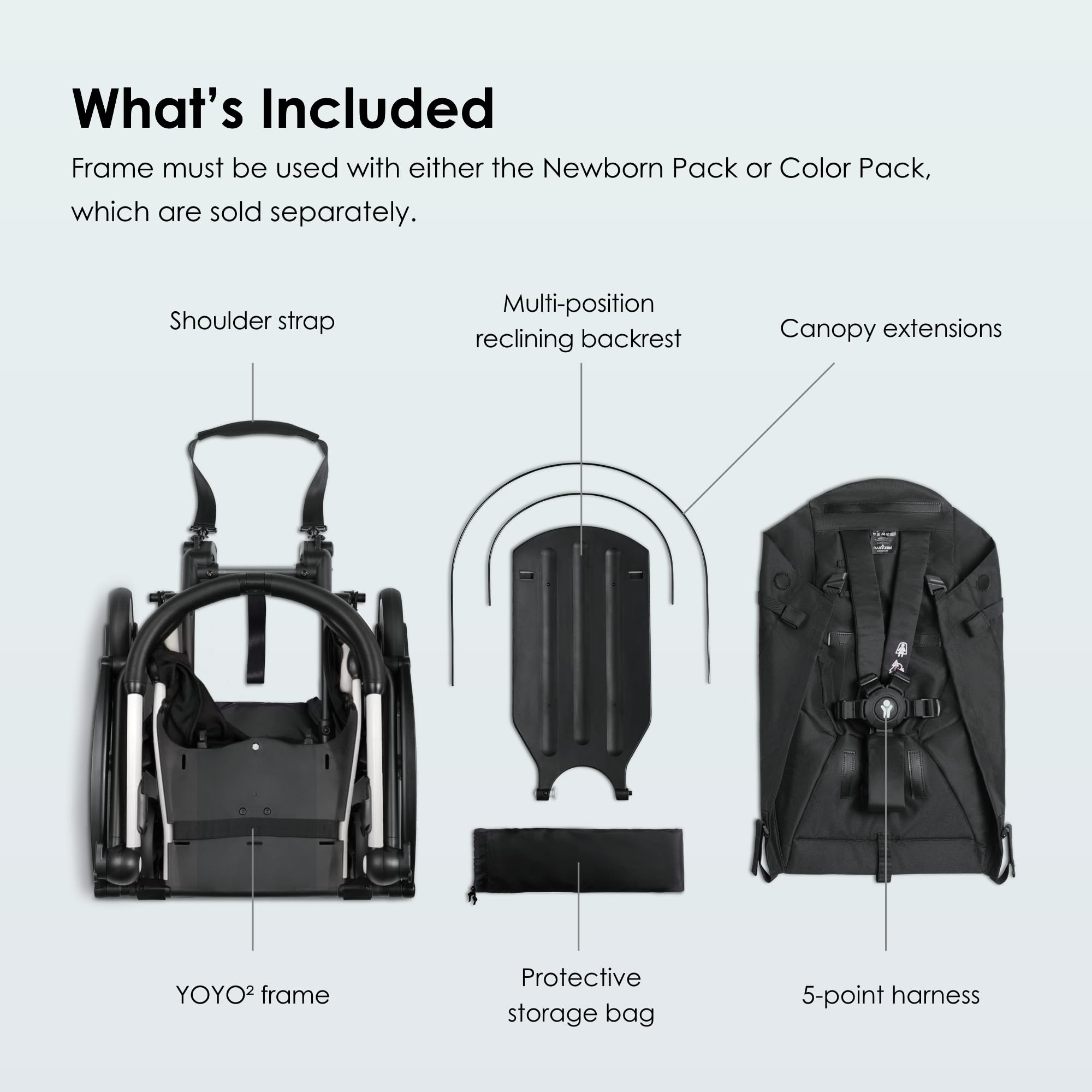 BABYZEN YOYO2 Stroller Frame, White - Includes 5-Point Harness, Multi-Position Reclining Backrest, Canopy Extensions, Padded Shoulder Strap & Protective Storage Bag