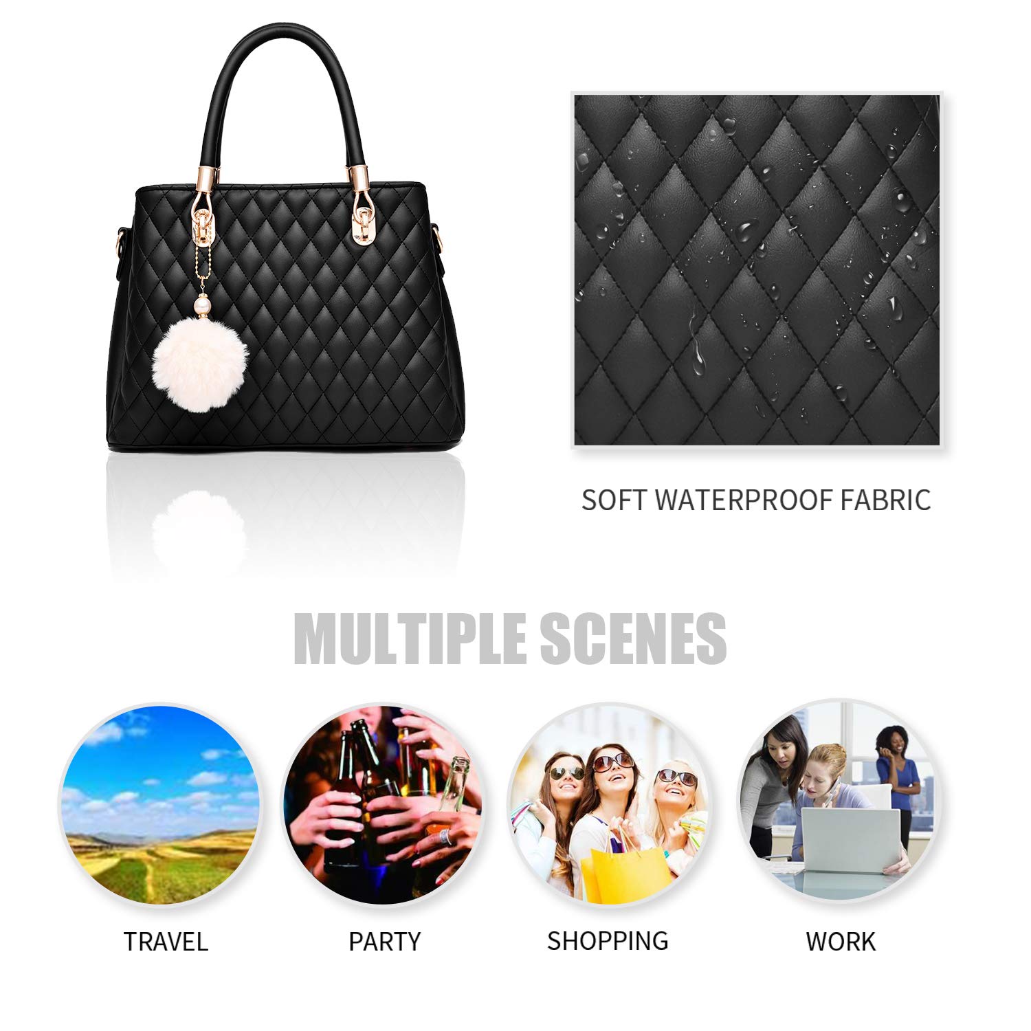 Womens Leather Handbag Purses Top Handle Quilted Shoulder Bag Totes Satchel for Ladies with Pompon