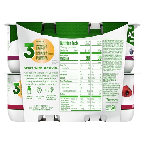 Activia Black Cherry and Mixed Berry Probiotic Yogurt, Delicious Lowfat Yogurt Cups to Help Support Gut Health, 12 Ct, 4 OZ