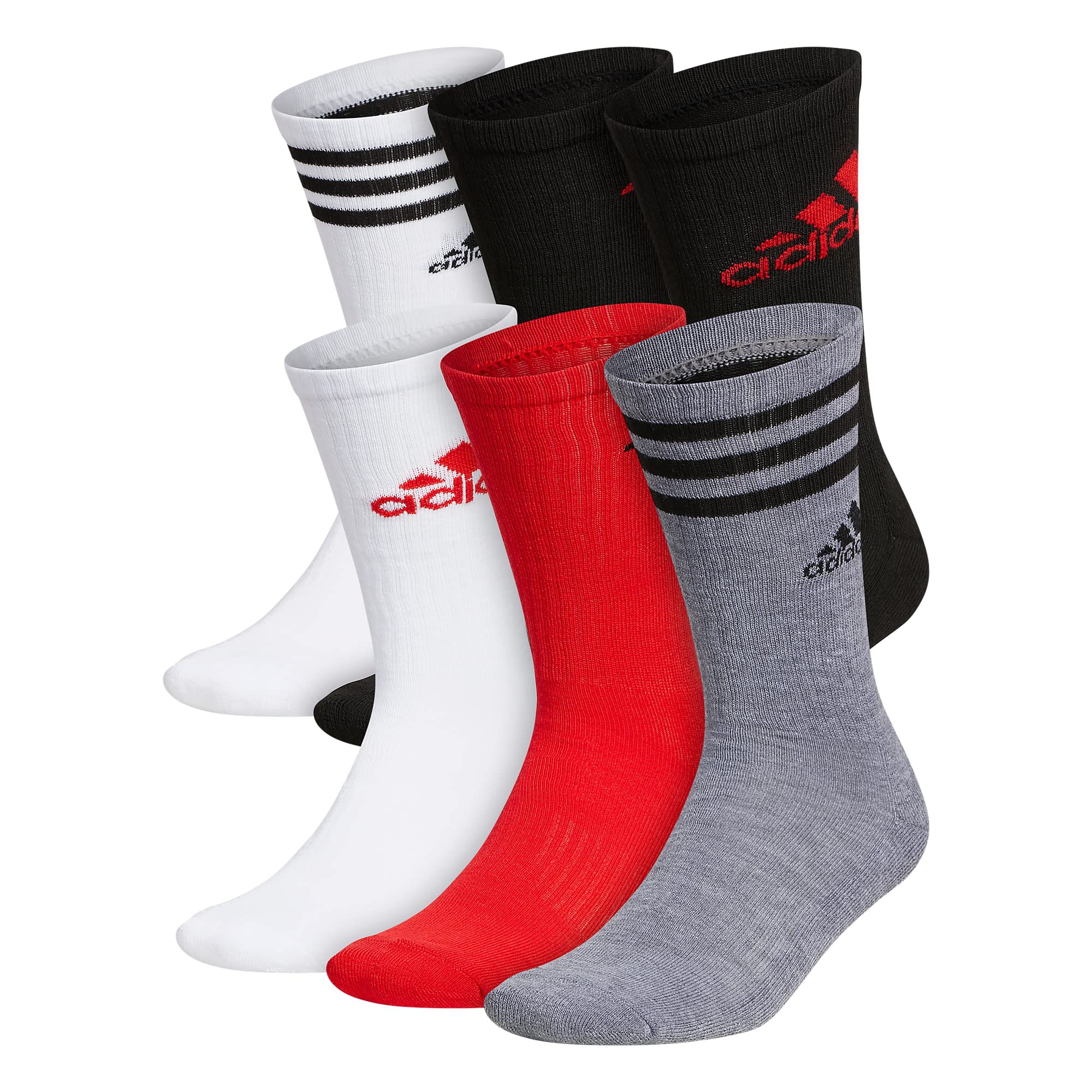 adidas Men's Athletic Cushioned Crew Socks with Arch Compression for a Secure Fit (6-Pair), Black/Vivid Red/White, Large