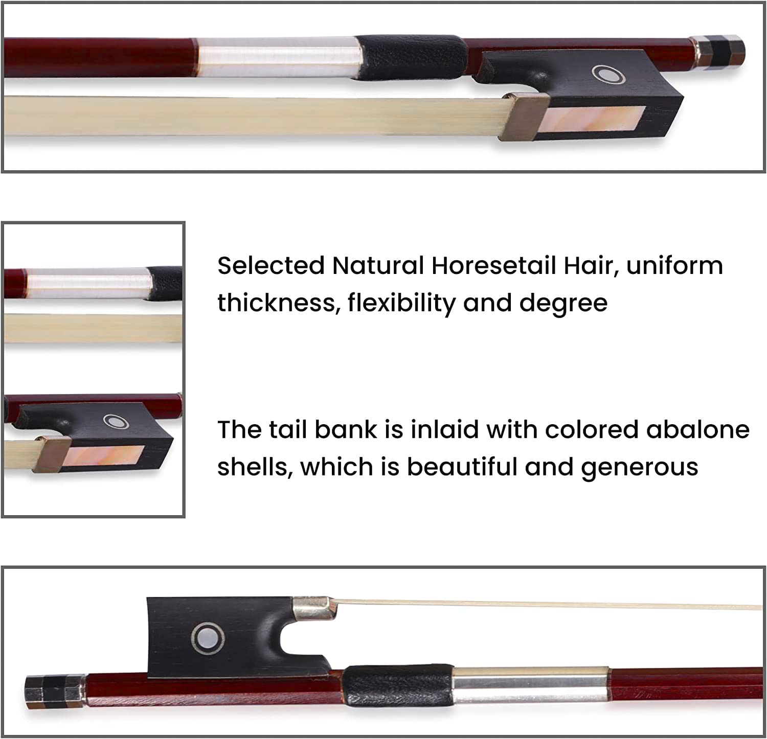 ADM 4/4 Full Size Student Violin Bow, Well Balanced Handmade Brazilwood Bow with Horsehair, Ebony Frog with Pearl Eye and Pearl Slide, Brown