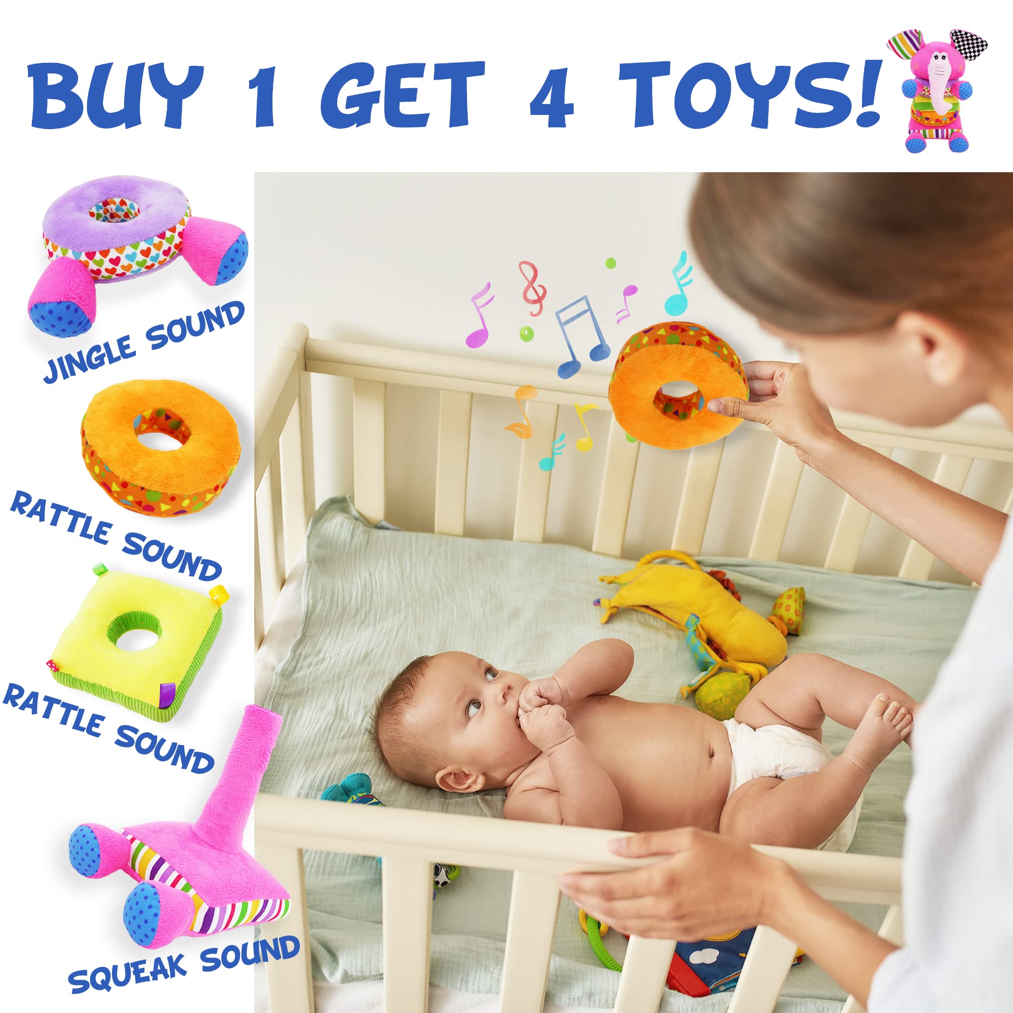 June Garden 11" Soft Stacking Rings Toy - Educational Stuffed Plush Elephant Sensory Development Rattles - Montessori Activity Sensory Learning Toy - 6 Months and Up