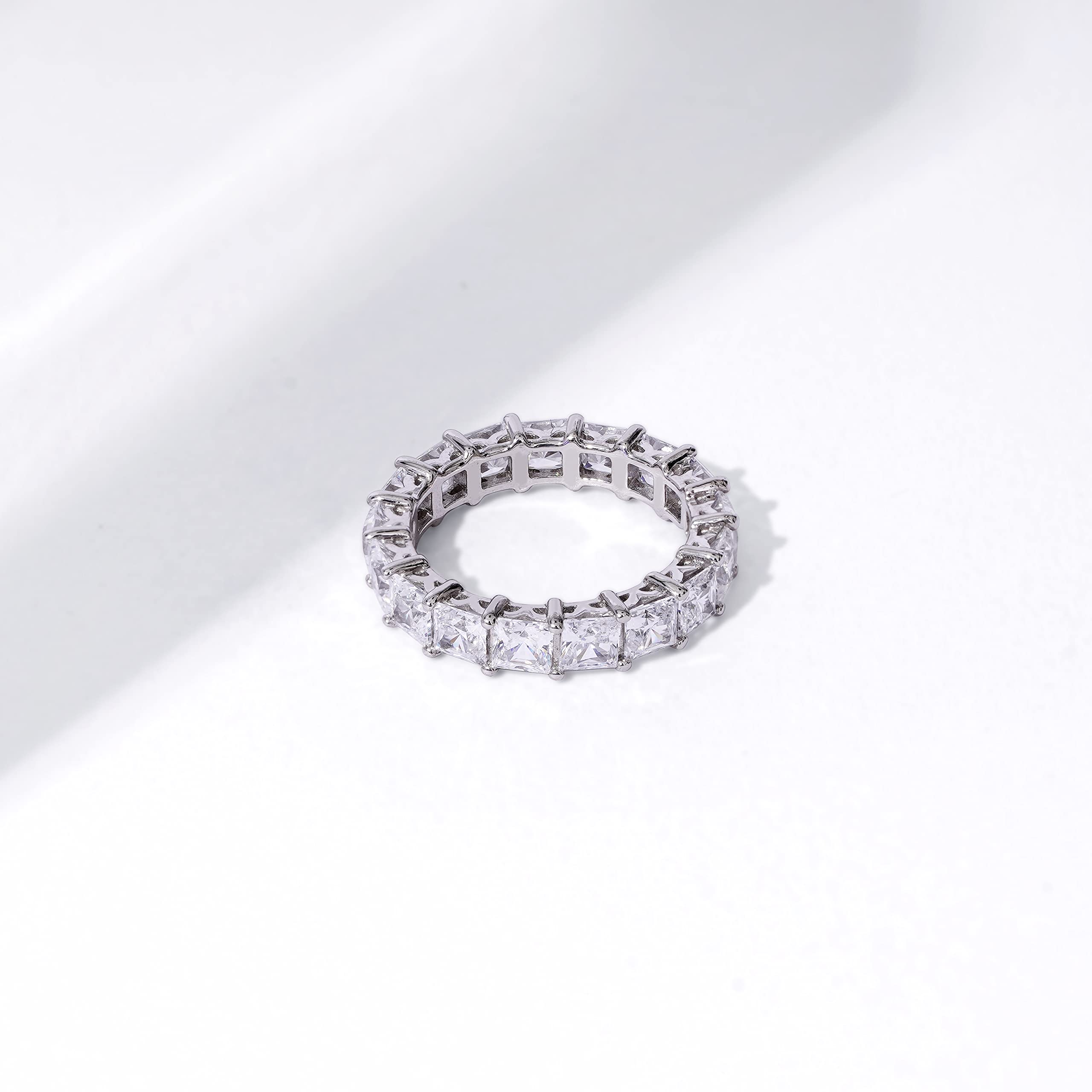 Amazon Collection Platinum-Plated Sterling Silver Princess Cut All-Around Band Ring made with Infinite Elements Cubic Zirconia (7.5 cttw), Size 7