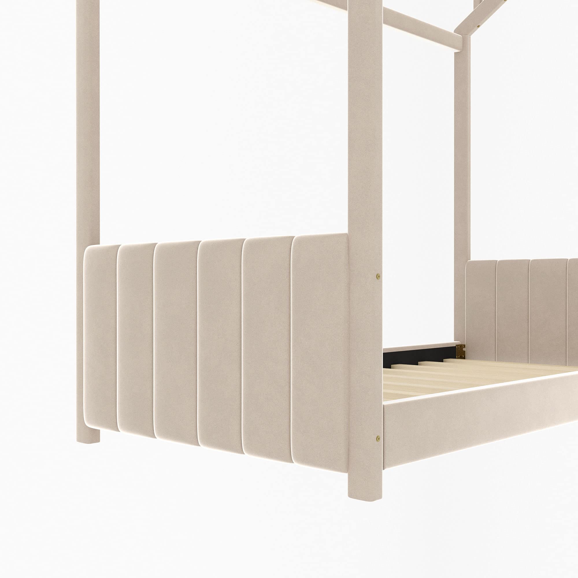 Bellemave House Beds Twin Size Velvet Montessori Bed for Kids Upholstered Floor Frame with Headboard & Footboard Girls Boys Teens, Beige
