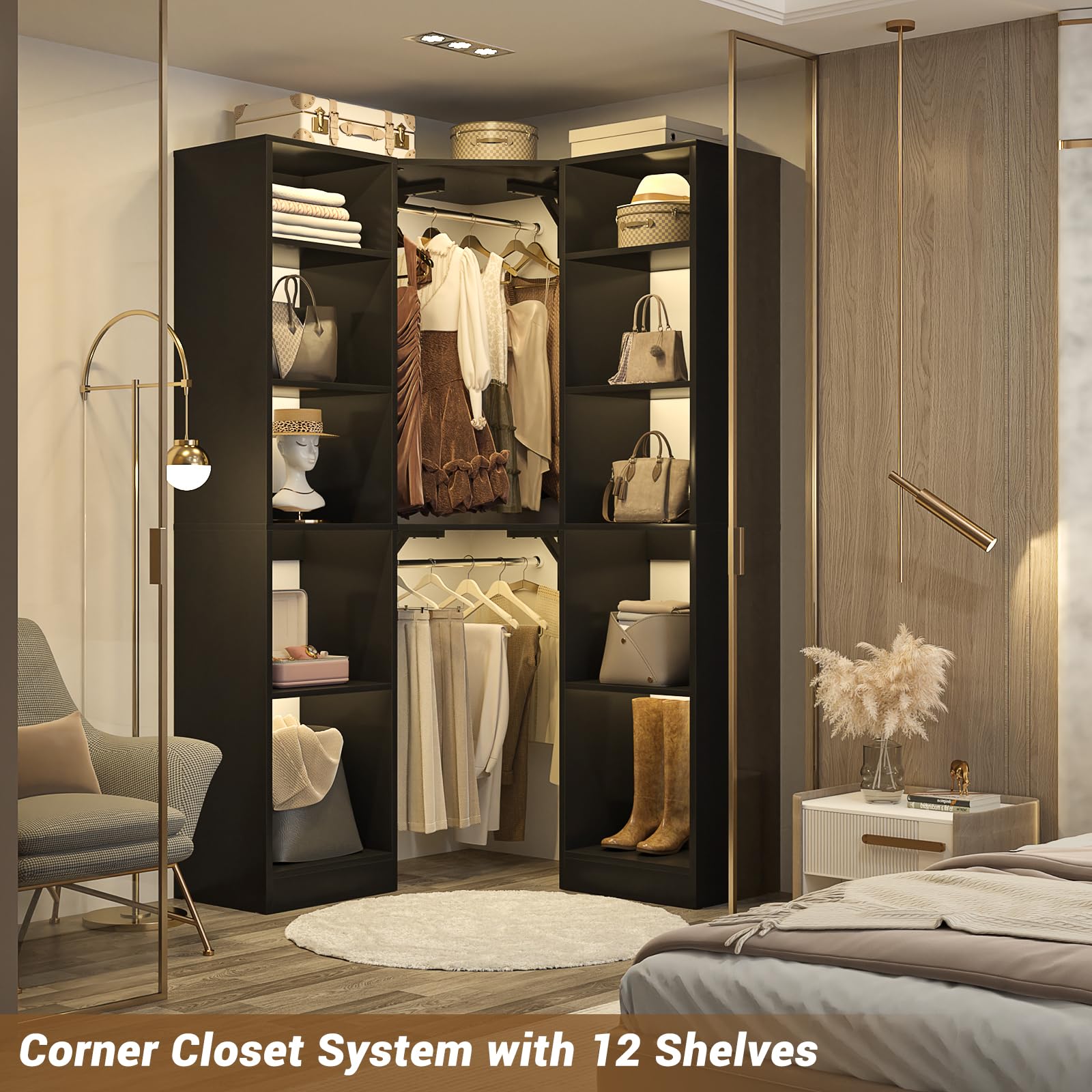 Besiost Corner Closet System with 12 Shelves, 40" Large Corner Closet Organizer System with 2 Hanging Rods, Versatile 6-Tier Walk-in Closets for Corner Space, White