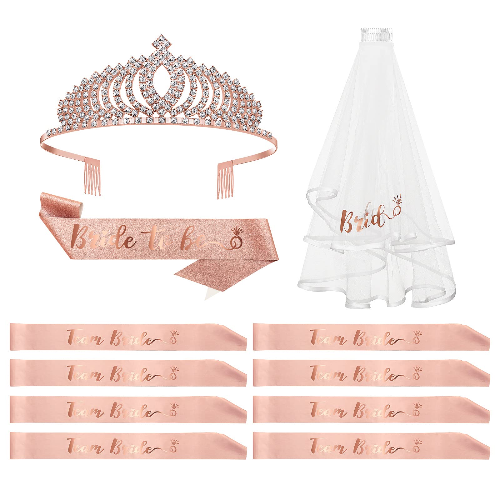 Bachelorette Party Decorations Kit, Bridal Shower Gift Supplies, Rose Gold Bride to Be Bachelorette Sash Veil Crown Tiara for Bride, Team Bride Tribe Sash for Bridesmaids