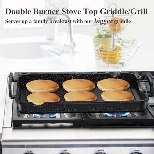 Bazova Nonstick Stove Top Griddle/Grill,16.5"x12.0", Double Burner Granite Griddle Pan,Cast Aluminum Induction Pancake Breakfast Maker, Light-Weight Flat Top Grilling Plate for Gas Grill Camping & BBQ