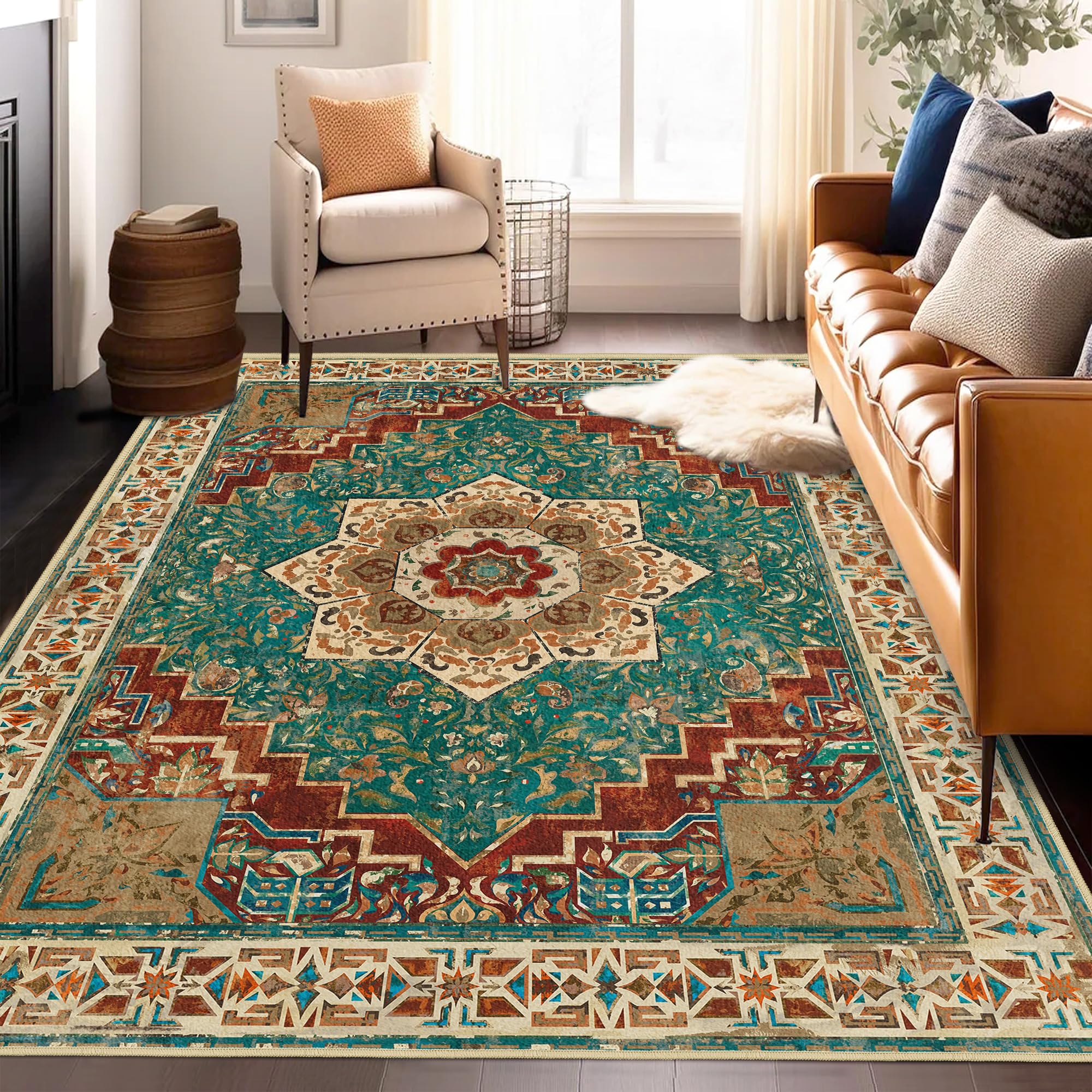 Arenarug Washable Area Rug 8x10 Boho Rug for Living Room Bedroom Non Slip Soft Teal Rust Vintage Rug Oriental Distressed Large Accent Rug Floral Medallion Floor Carpet for Office Dining Room Indoor
