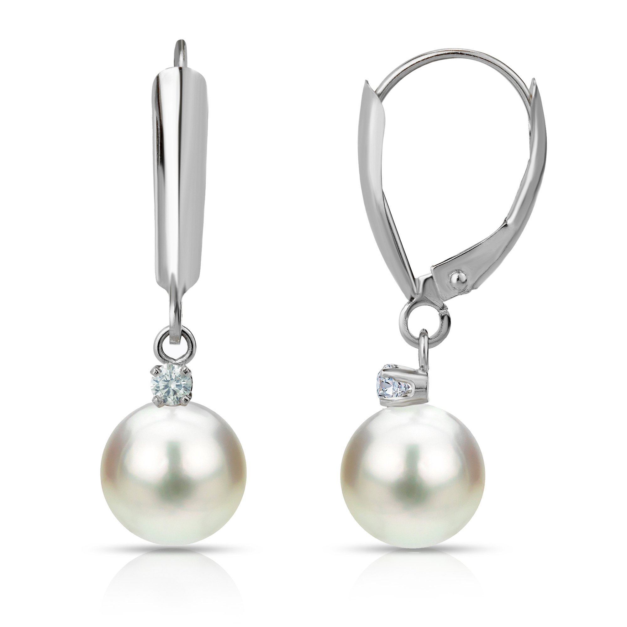 Amazon Collection 14k White Gold 1/16cttw Diamond with 8-8.5mm Round White Freshwater Cultured Pearl Lever-Back Dangle Earrings