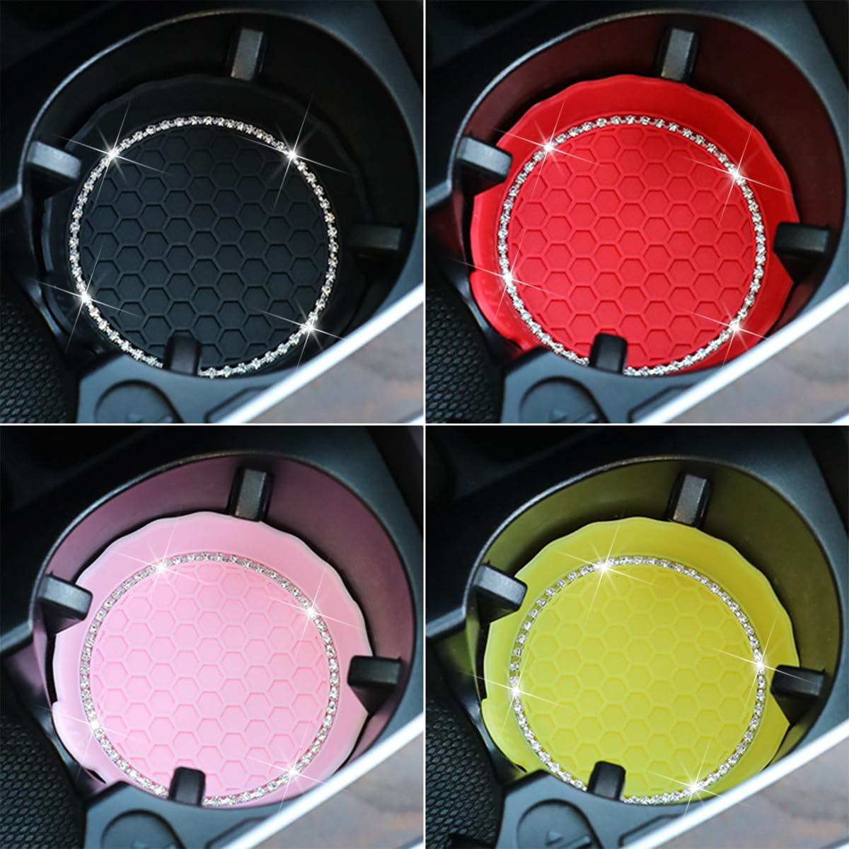 Bittwee 2PCS Bling Car Cup Holder Coaster, Silicone Anti-Slip Insert Drink Cup Mat, Crystal Rhinestone Auto Interior Accessories, 2.75 Inch Universal for Cars, RVs, Trucks and More(Pink/2PCS)