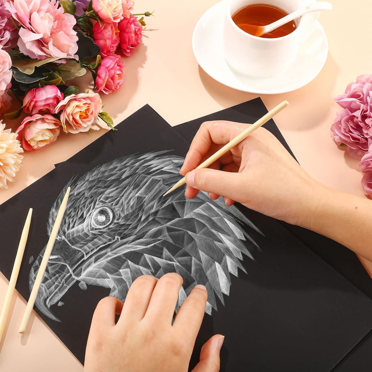 Gersoniel 25 Pieces Scratch Paper Art Set Craft Kits Scratch Off Paper Black Coated Scratchboard Black Scratch Paper with Wooden Stylus for Valentine's Day Gifts Birthday Party Supplies