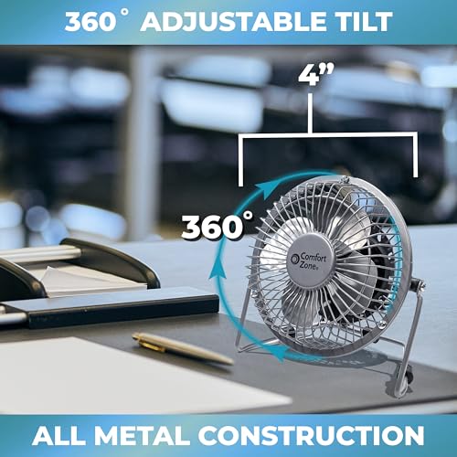 Comfort Zone Mini Portable Desk Fan with 360-Degree Adjustable Tilt, Dual Powered (USB or Power Cord), 4 inch, All-Metal Construction, Airflow 3.31 ft/sec, Ideal for Home, Bedroom & Office, CZHV4S