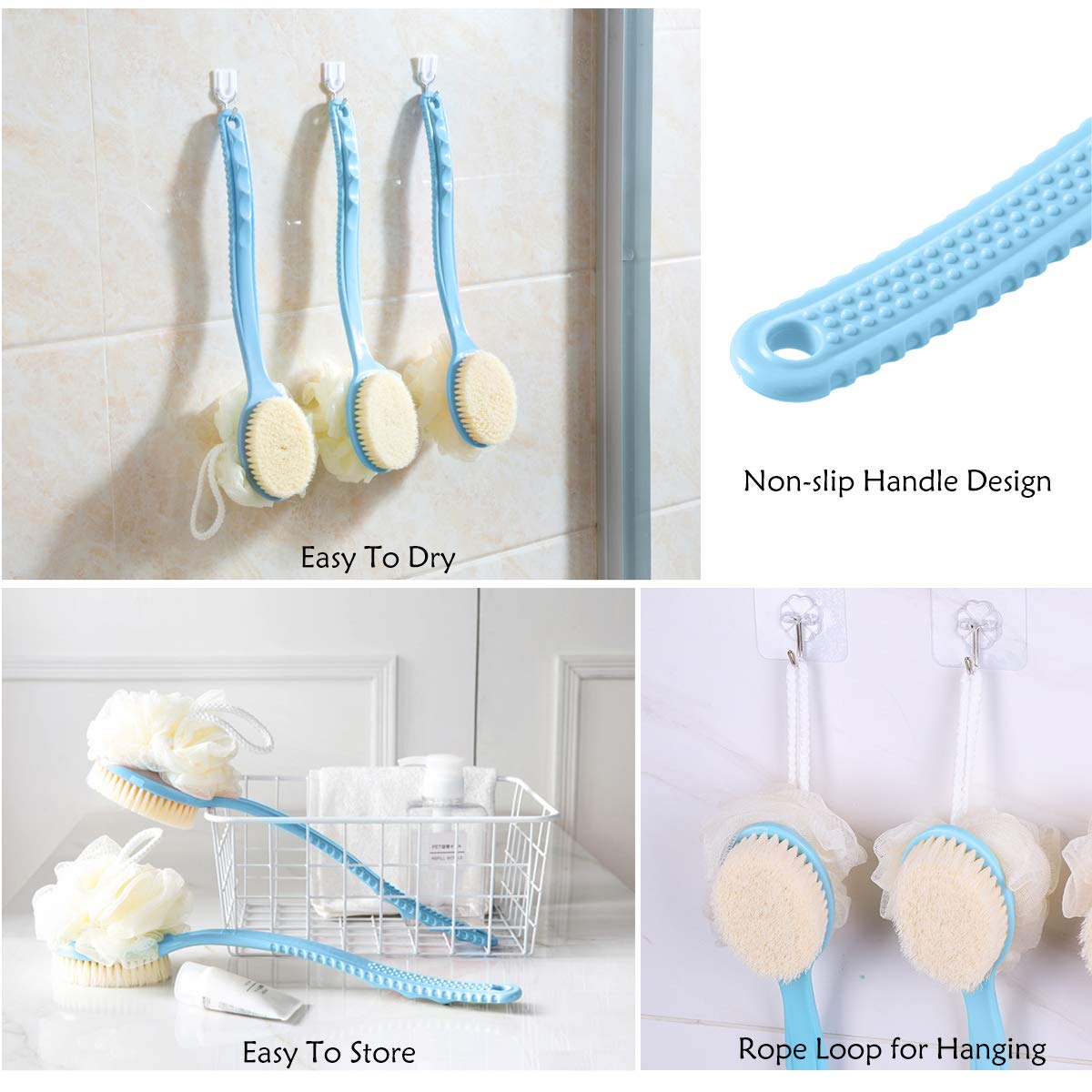 Back Scrubber for Shower, 1 Double-Sided Soft-Stiff Bristles Body Scrubber with Curved Long Handle, 1 Dry Brush, 1 Lotion Applicator for Back, Wet & Dry Brushing Body Exfoliating, Bath Brush 3 Pack