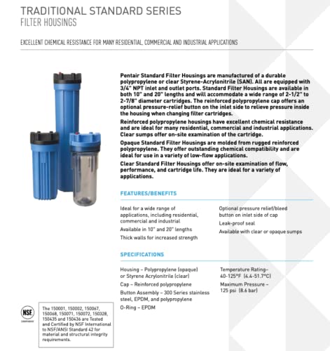 Pentair Pentek 150072 Traditional Standard Filter Housing, 3/4" NPT #10 Clear Water Filter Housing with Mounting Bracket Cap, 10-Inch, Blue/Clear