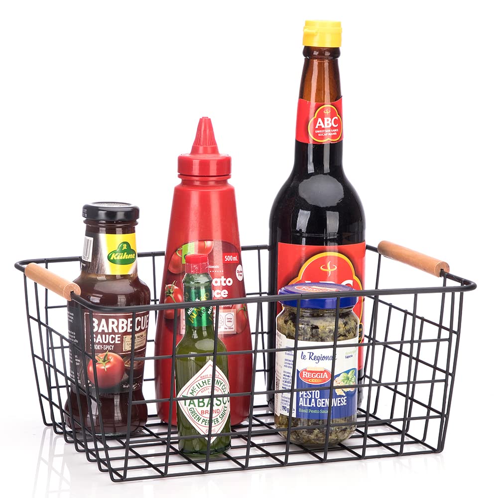 LeleCAT Wire Baskets with Wooden Handles, Wire Storage Organizer Baskets , Household Refrigerator for Cabinets, Pantry, Closets, Bedrooms - Set of 4(Black
