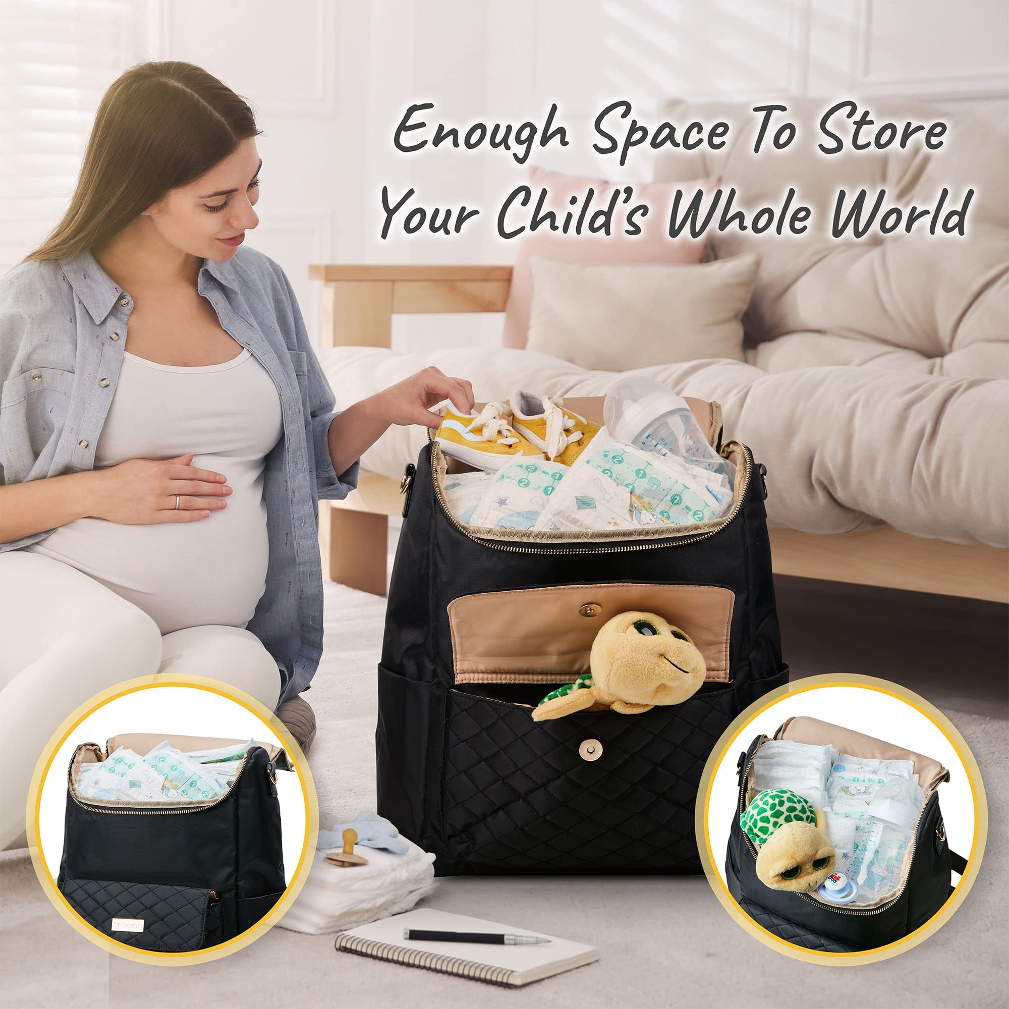 Backpack Diaper Bag in Black - Large Diaper Bag Backpack With Stroller Straps, Changing Pad - Stylish Backpack Diaper Bags for Moms - With Roomy Interior, Inside Pockets