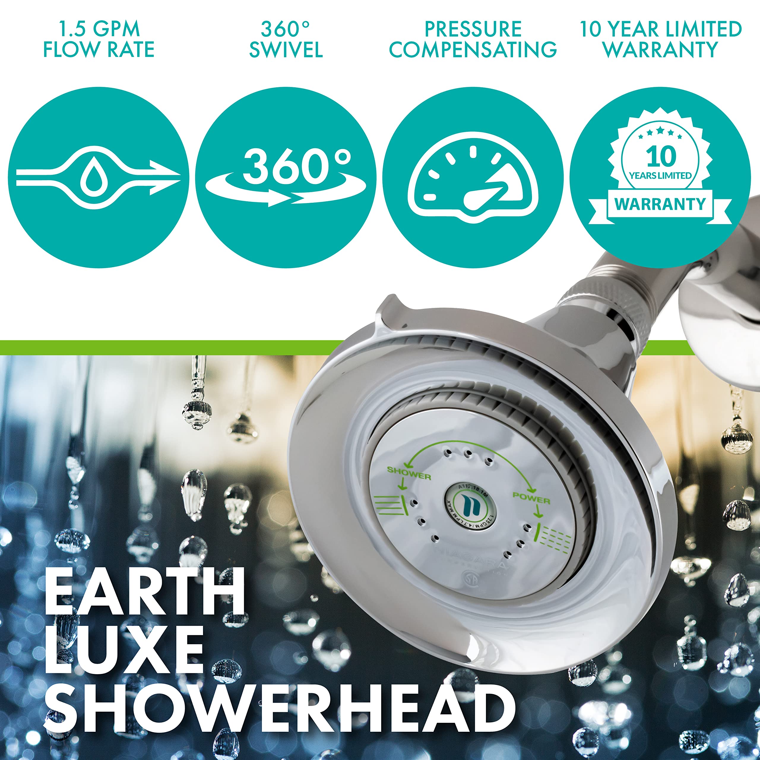 Niagara Conservation N3915CH Earth Luxe 3-Spray with 1.5 GPM 3.35-in. Wall Mount Adjustable Fixed Shower Head in Chrome, 1-Pack | Bathroom Shower Head Sprayer with Pressure Compensation