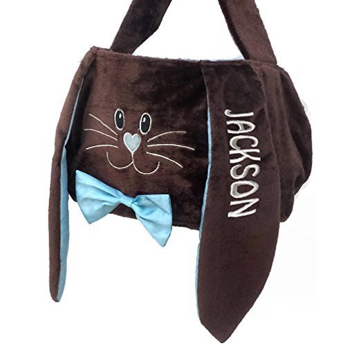Personalized Easter Basket (Blue Chocolate) Plush Easter Basket Tote Bunny Bucket Embroidered with Kids Name